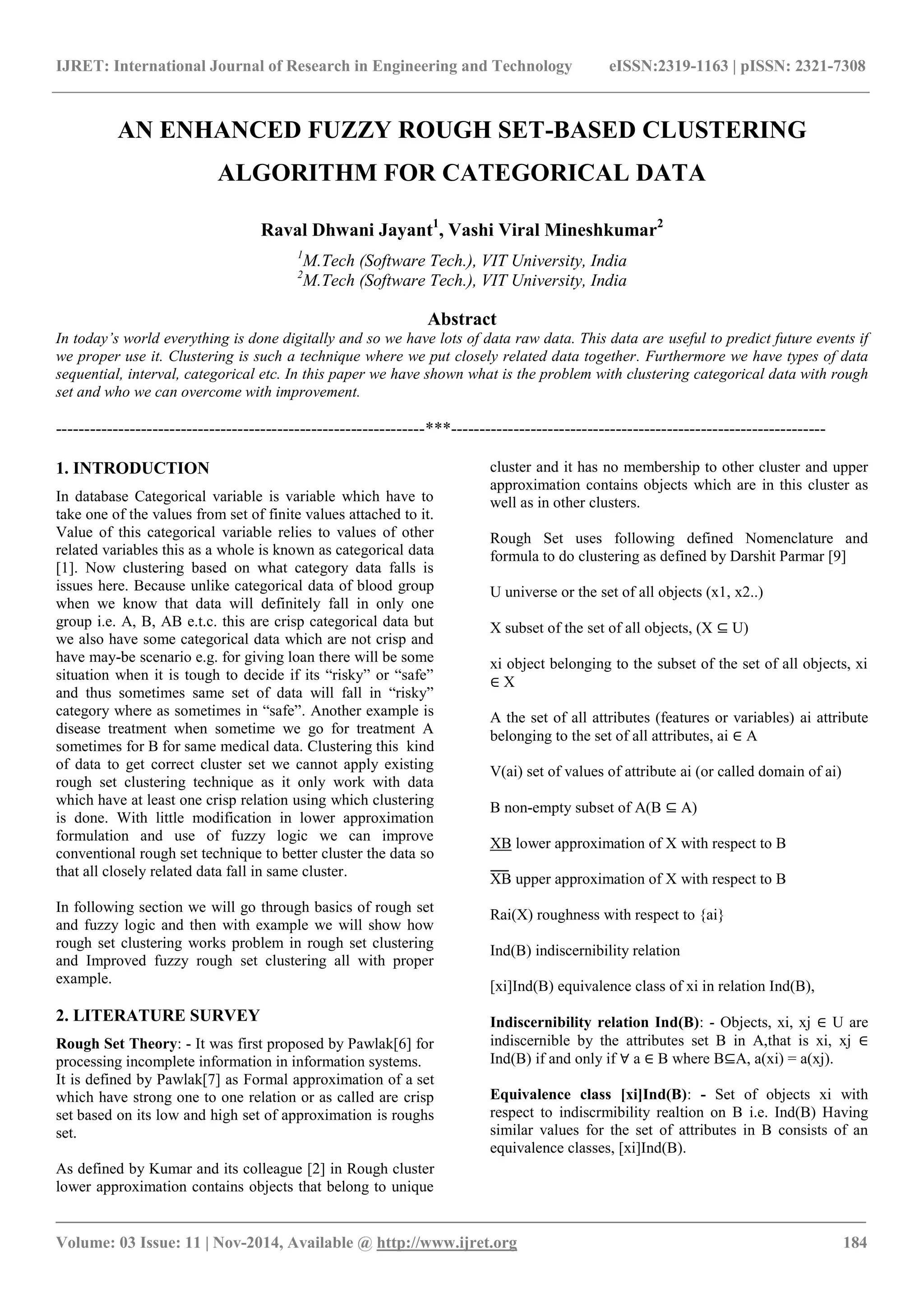 An enhanced fuzzy rough set based clustering algorithm for categorical data | PDF