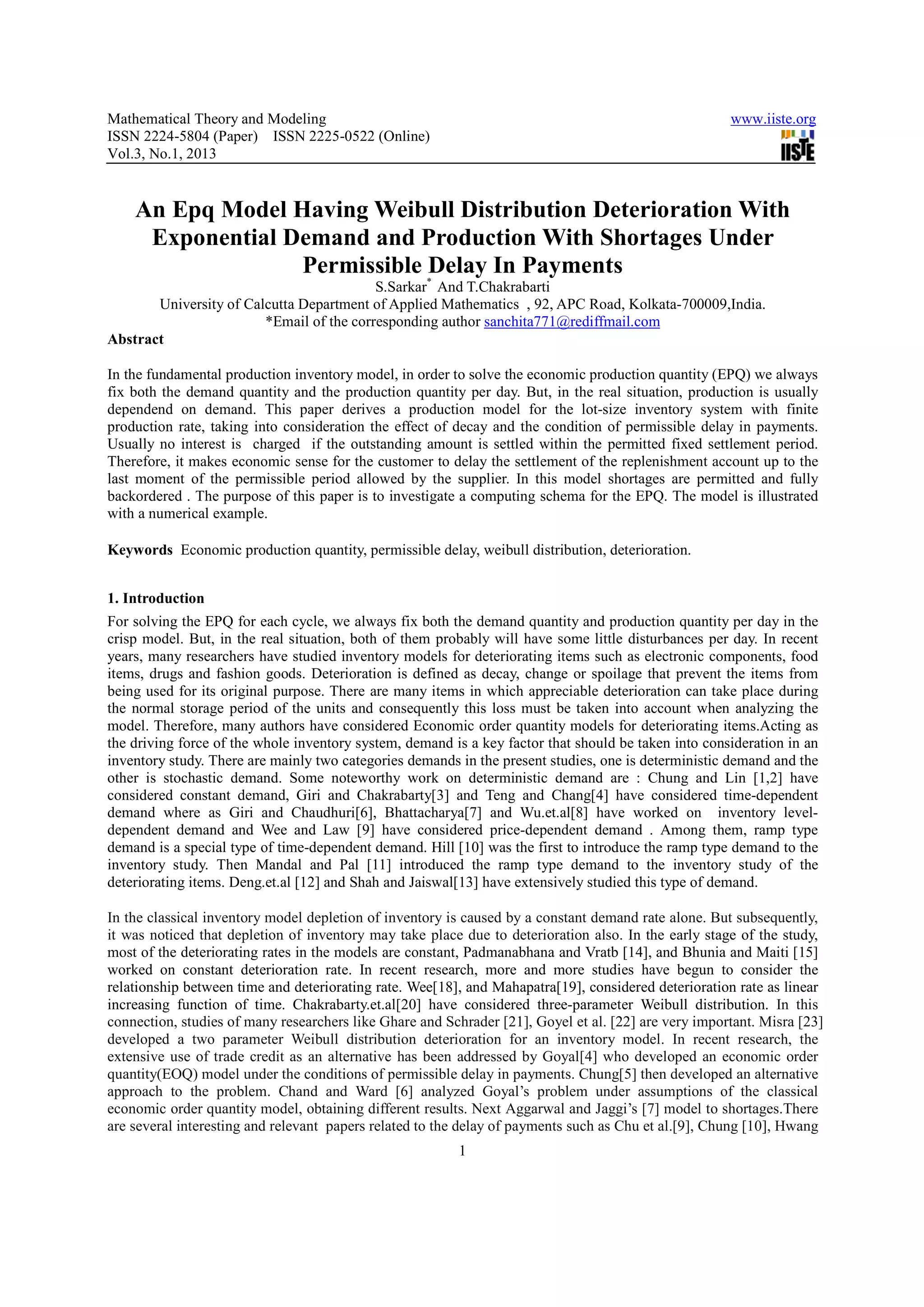 An epq model having weibull distribution deterioration with | PDF