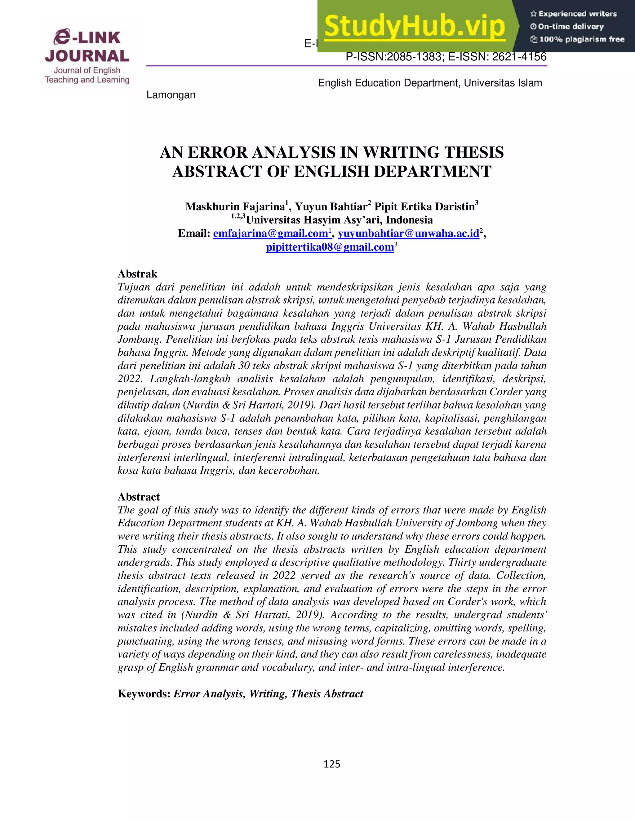 An Error Analysis In Writing Thesis Abstract Of English Department | PDF