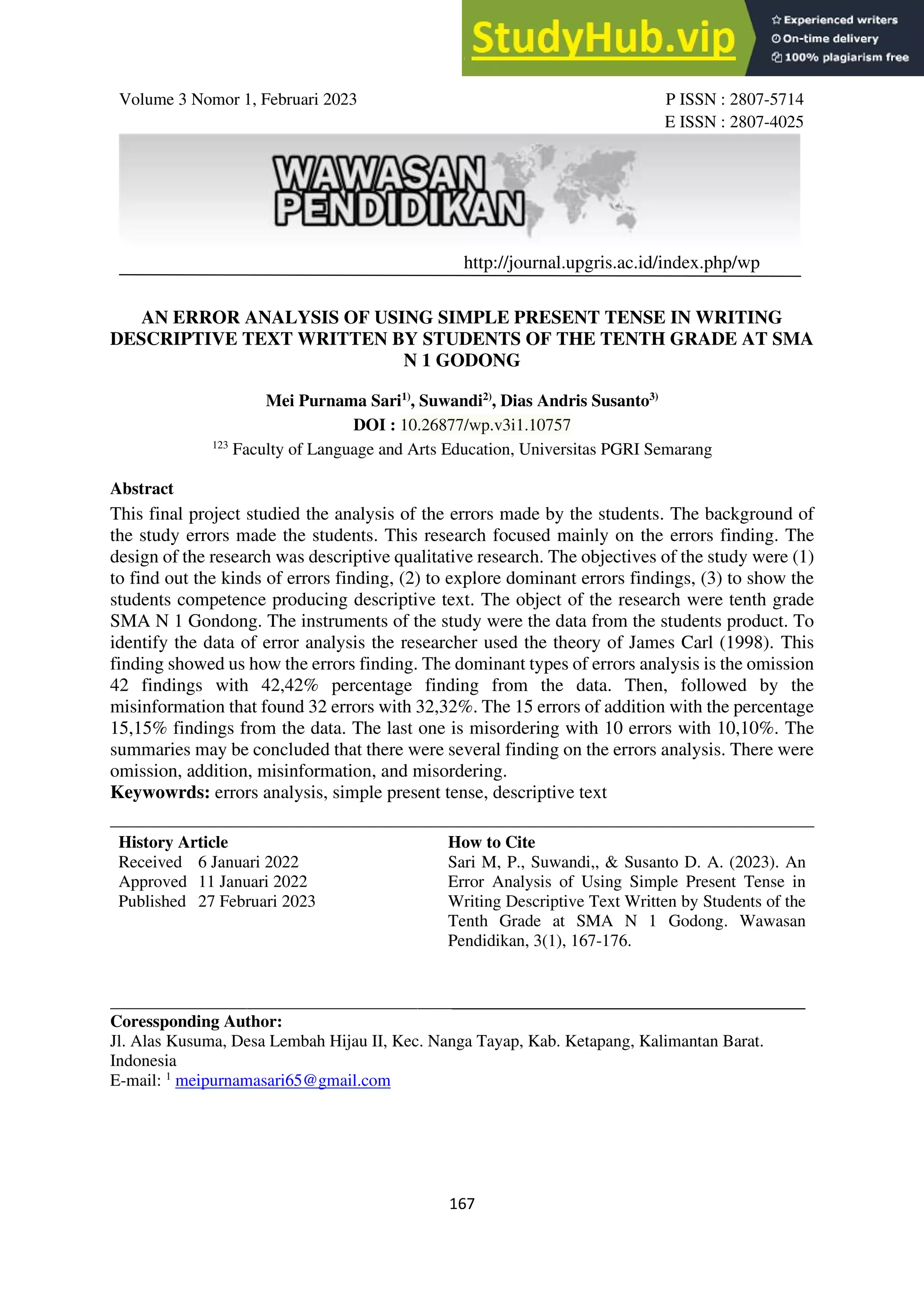An Error Analysis Of Using Simple Present Tense In Writing Descriptive Text Written By Students ...