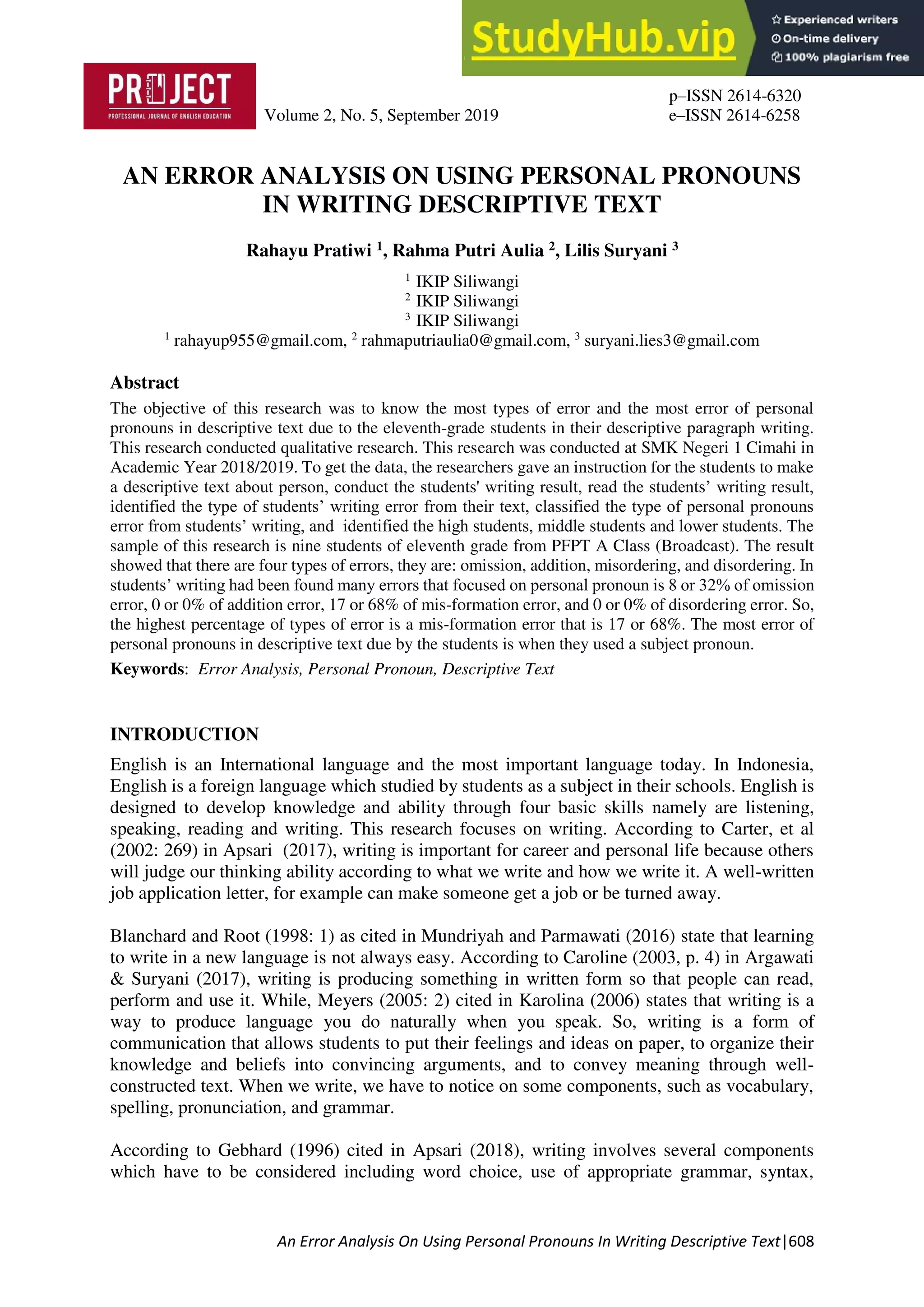 An Error Analysis On Using Personal Pronouns In Writing Descriptive ...