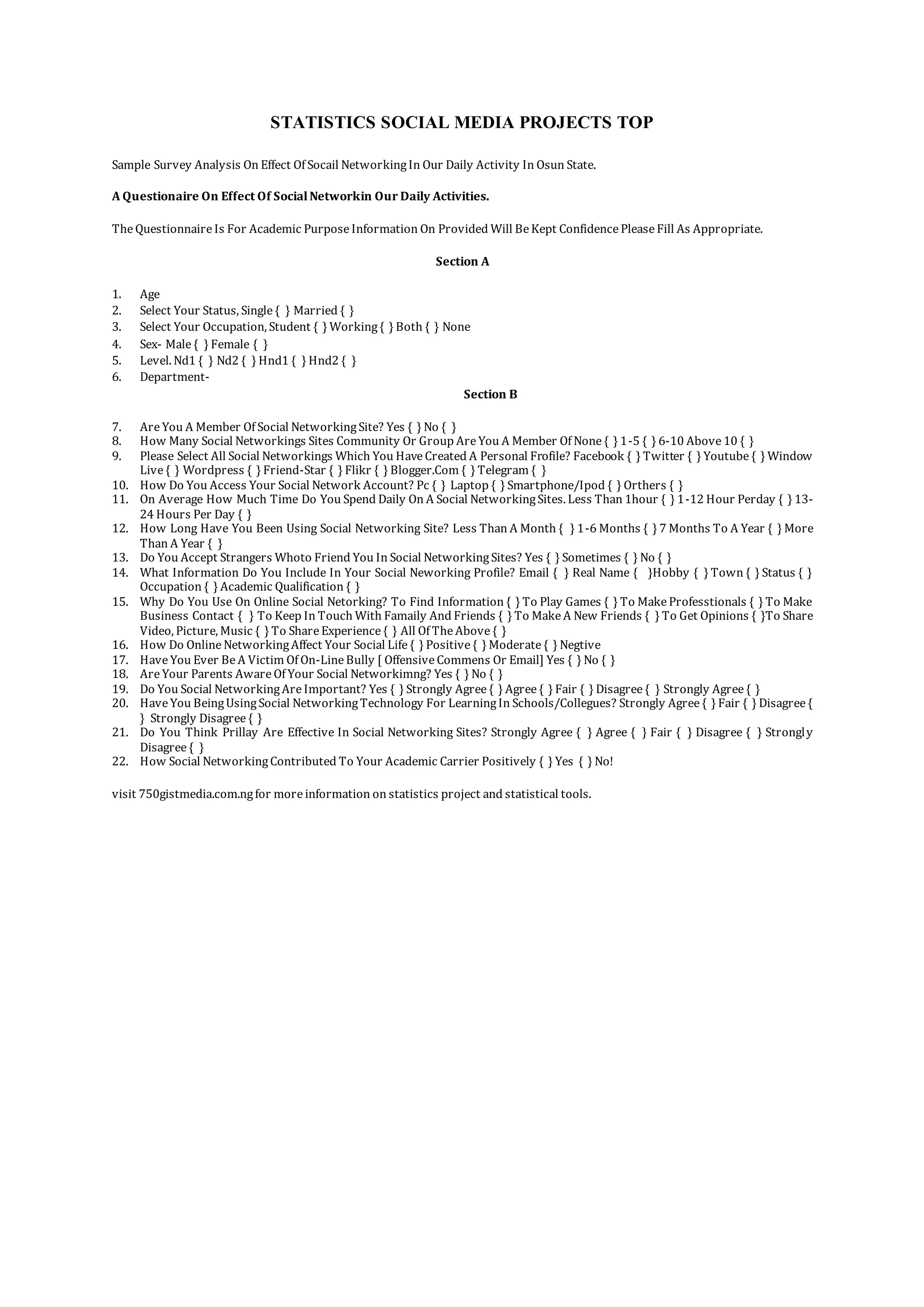 Statistics project Topic and Questionaire | DOCX