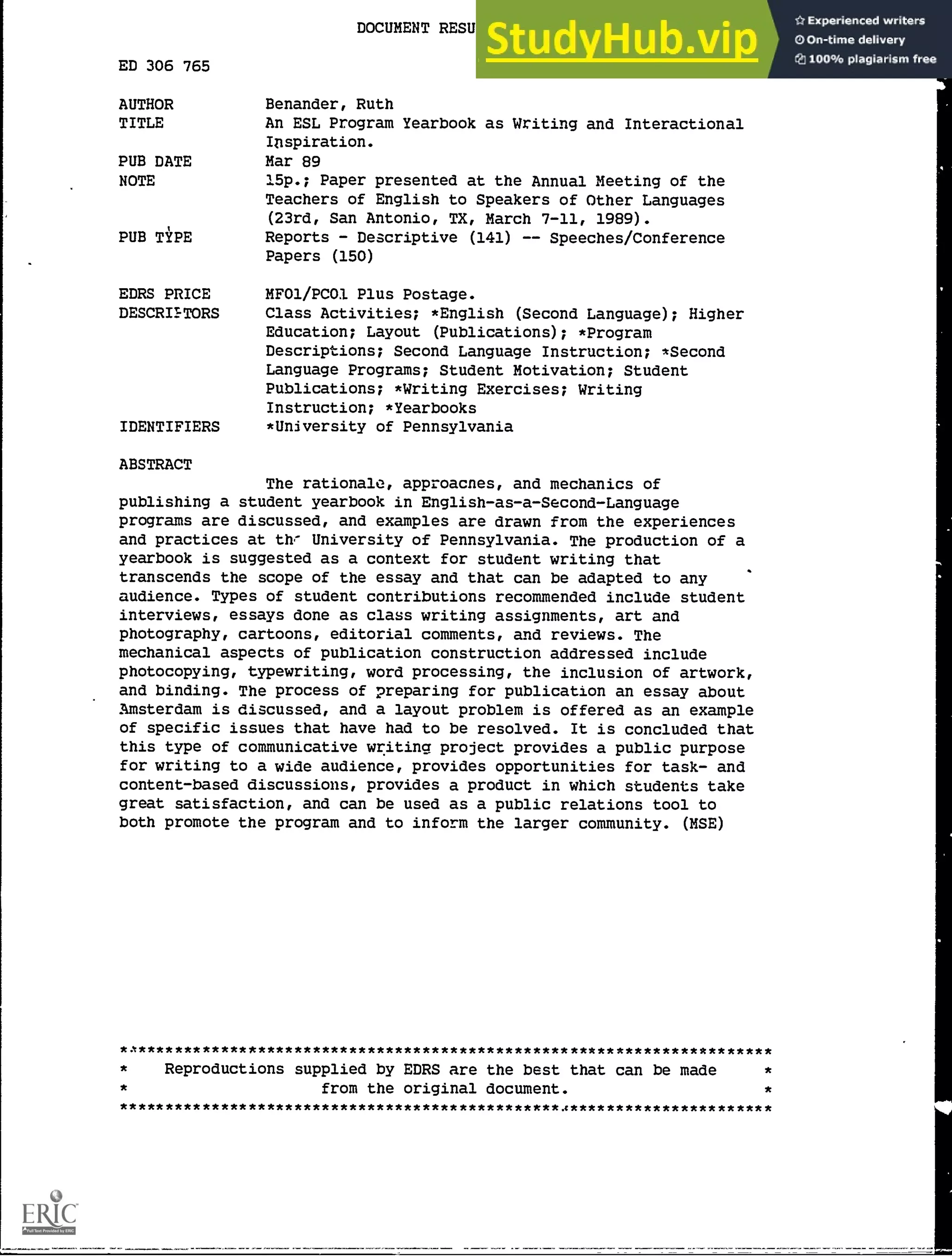 An ESL Program Yearbook As Writing And Interactional Inspiration | PDF