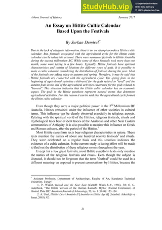 An Essay On Hittite Cultic Calendar Based Upon The Festivals | PDF