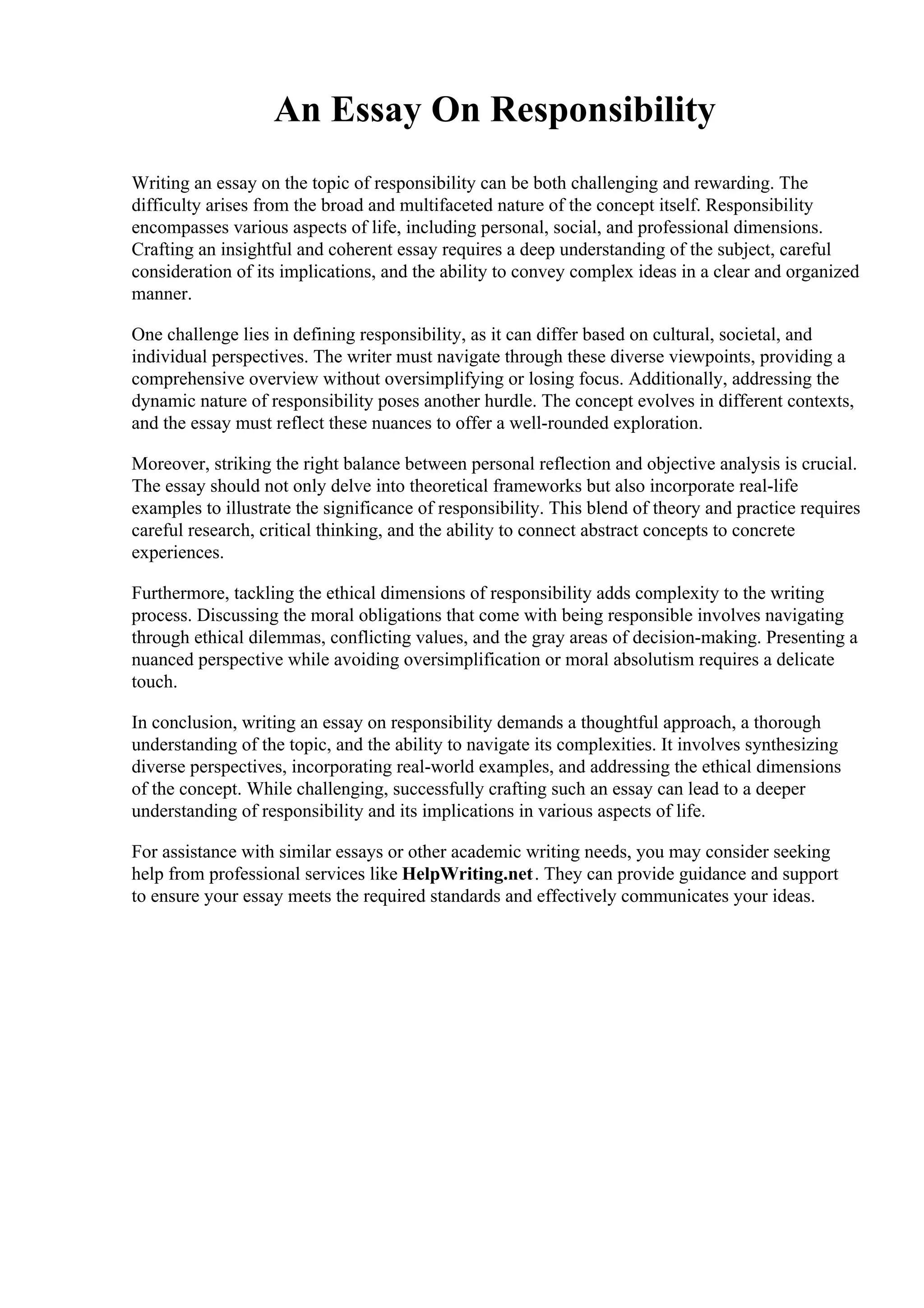 An Essay On Responsibility. Aquinas College (Michigan) | PDF