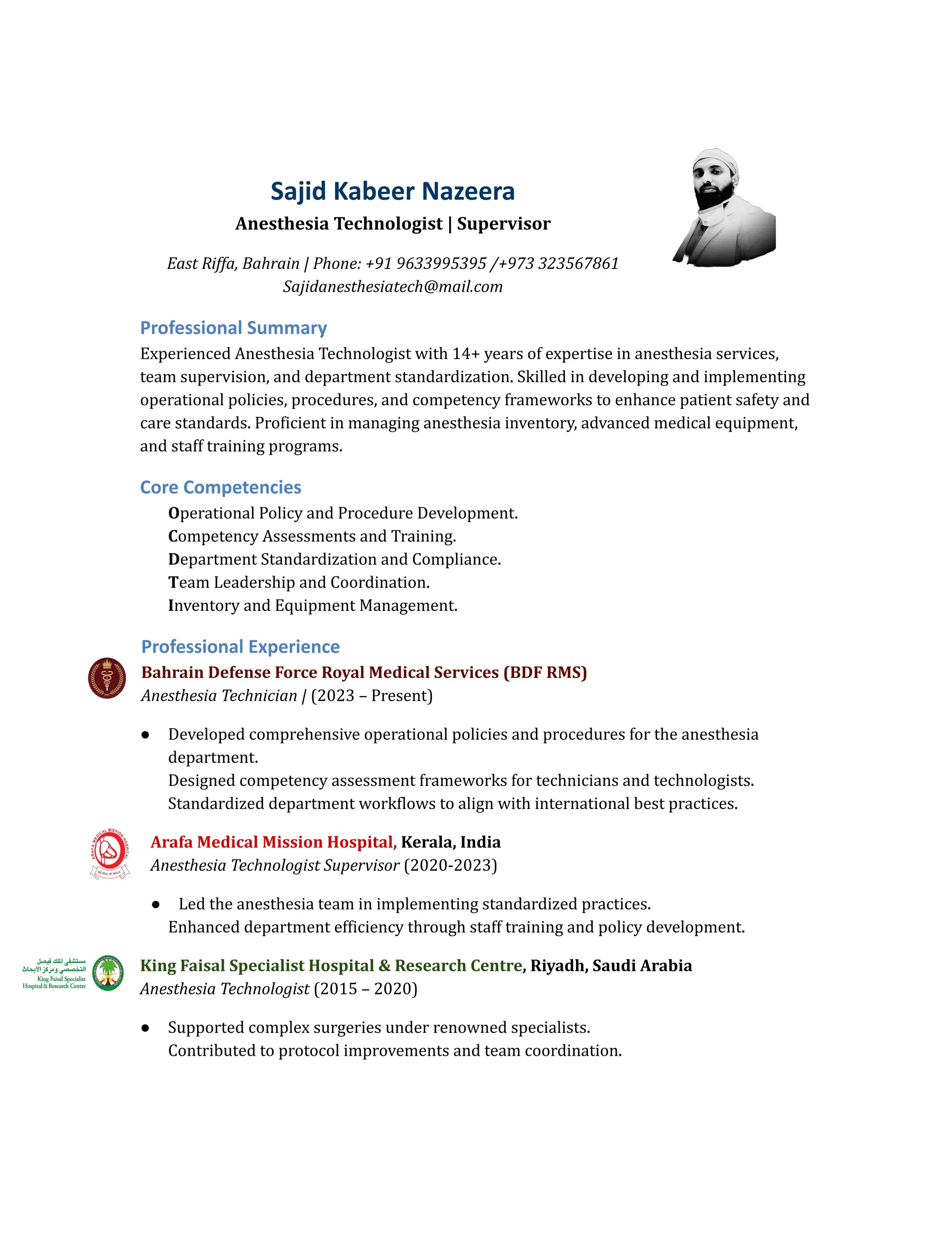 AnesthesiaTechnologjst Supervisor resume/ cv , Sajid Kabeer Nazeera.pdf