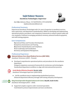 AnesthesiaTechnologjst Supervisor resume/ cv , Sajid Kabeer Nazeera.pdf