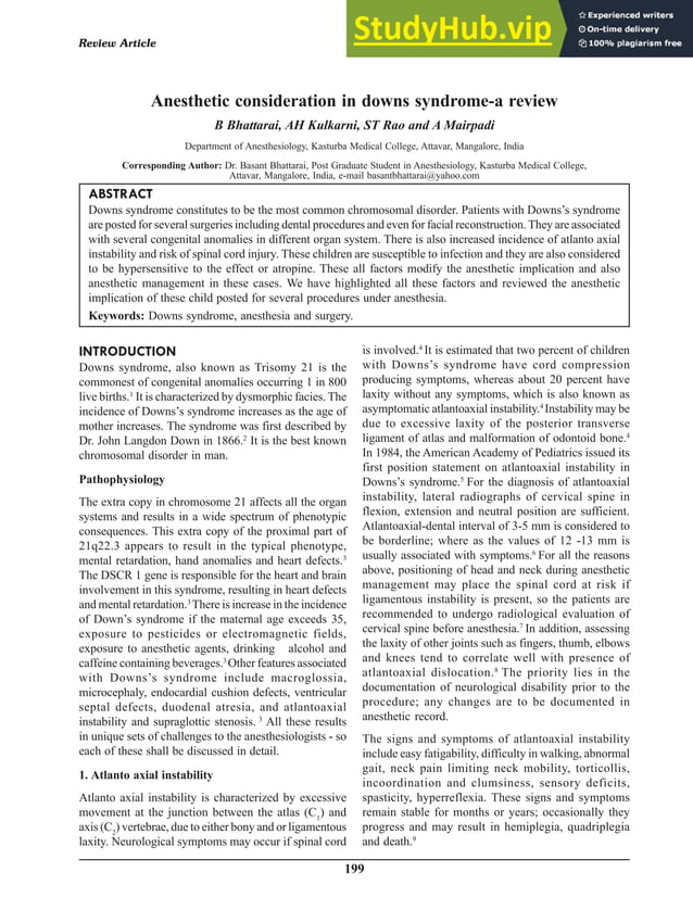 Anesthetic Consideration In Downs Syndrome--A Review | PDF