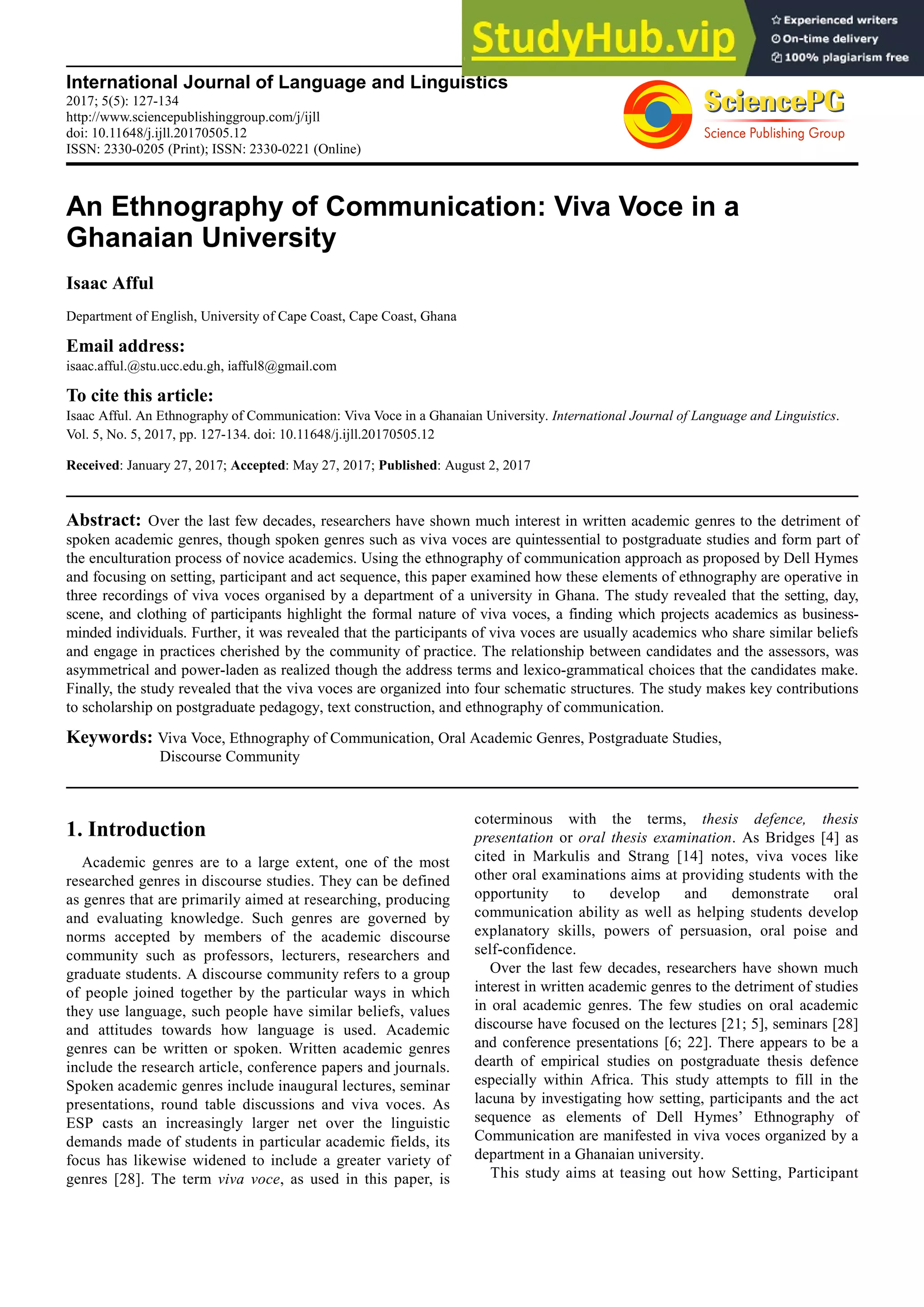 An Ethnography Of Communication Viva Voce In A Ghanaian University | PDF