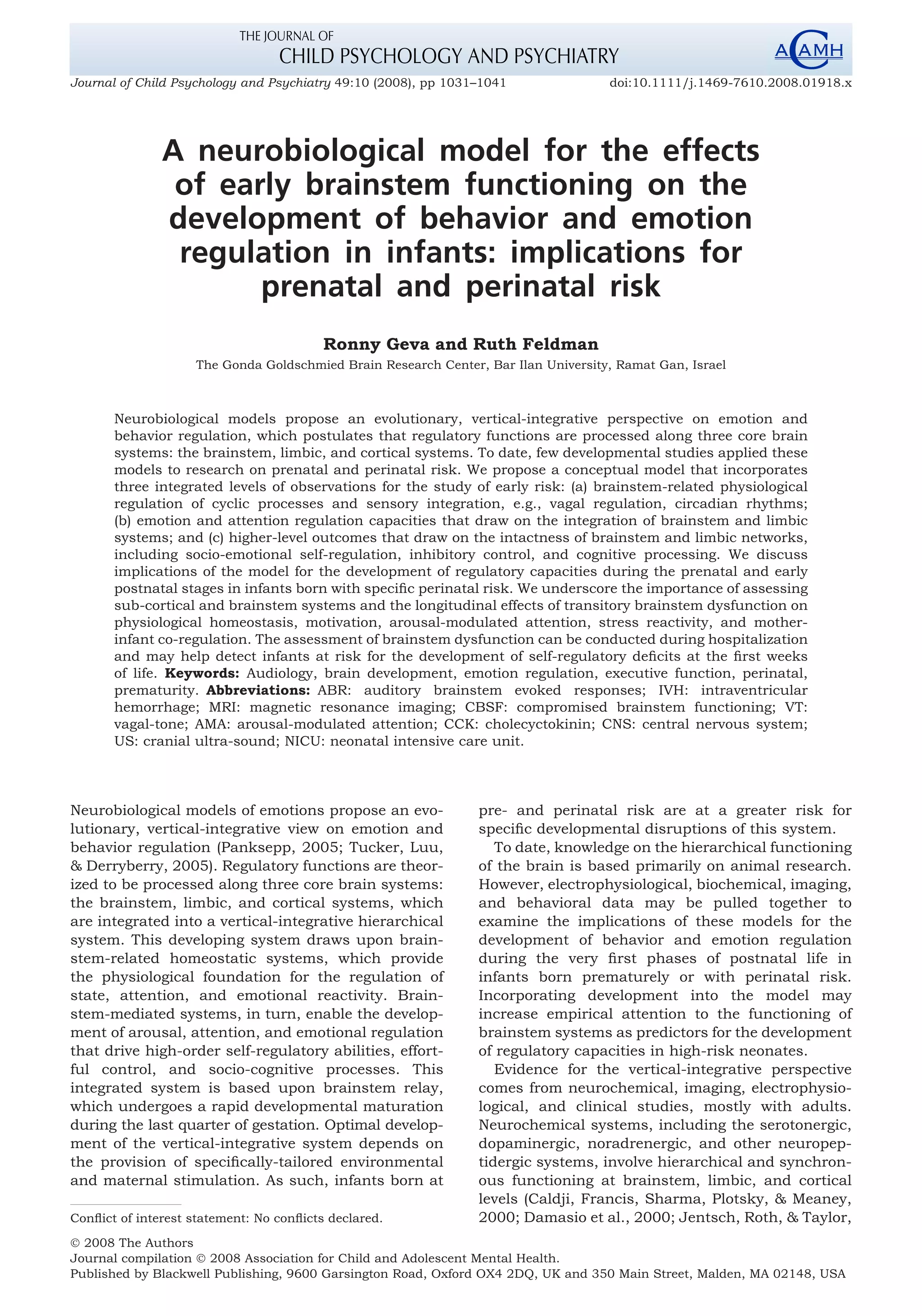 A neurobiological model for the effects of early brainstem functioning ...