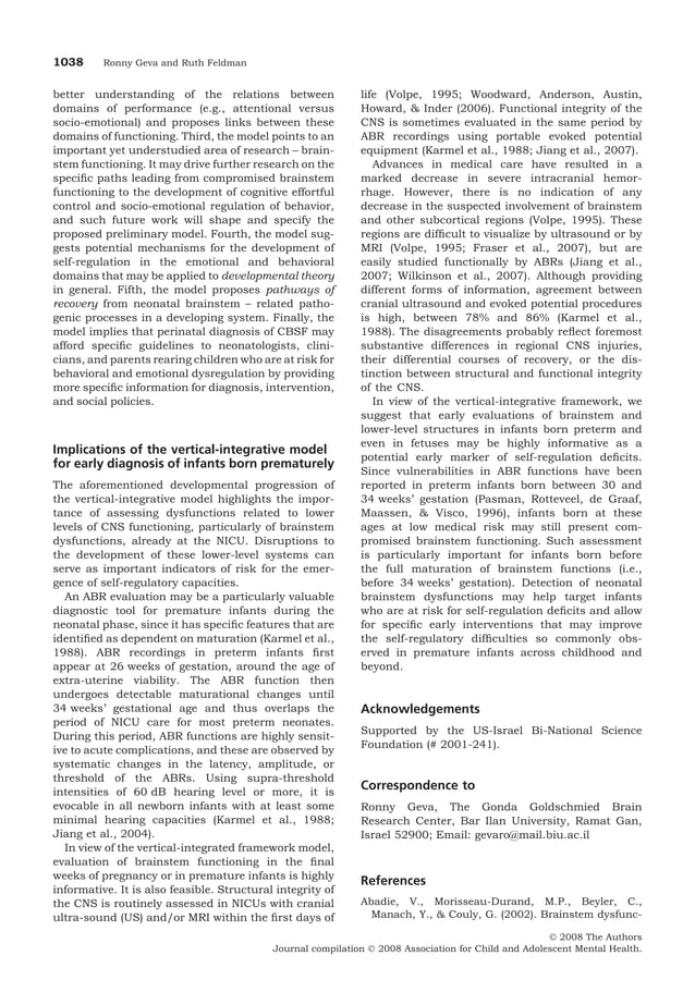 A neurobiological model for the effects of early brainstem functioning ...