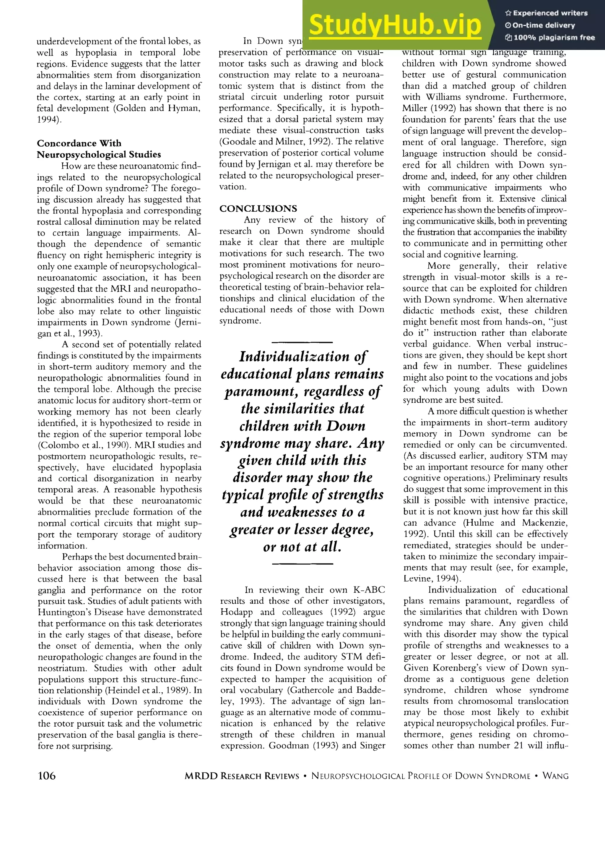 A neuropsychological profile of Down syndrome Cognitive skills and ...