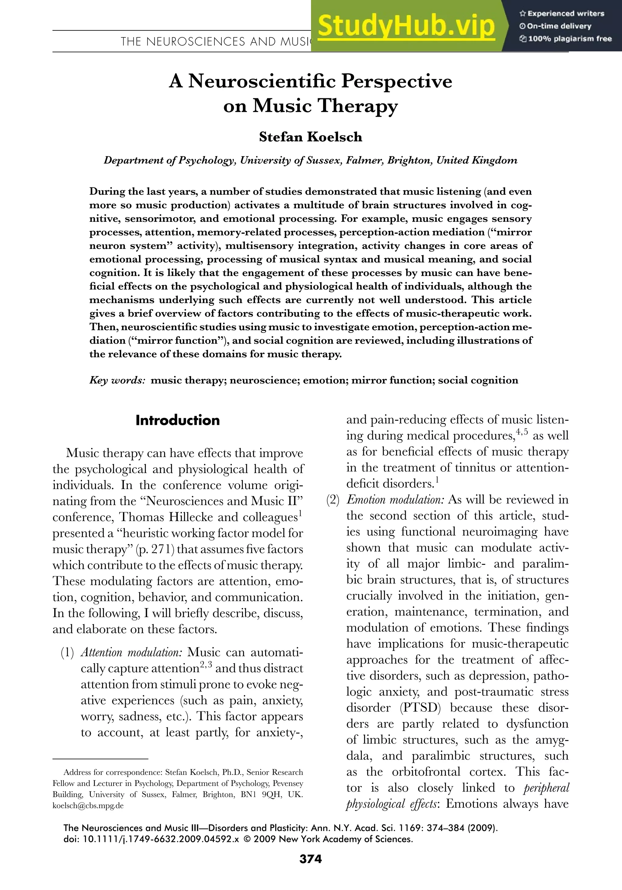 A Neuroscientific Perspective On Music Therapy | PDF