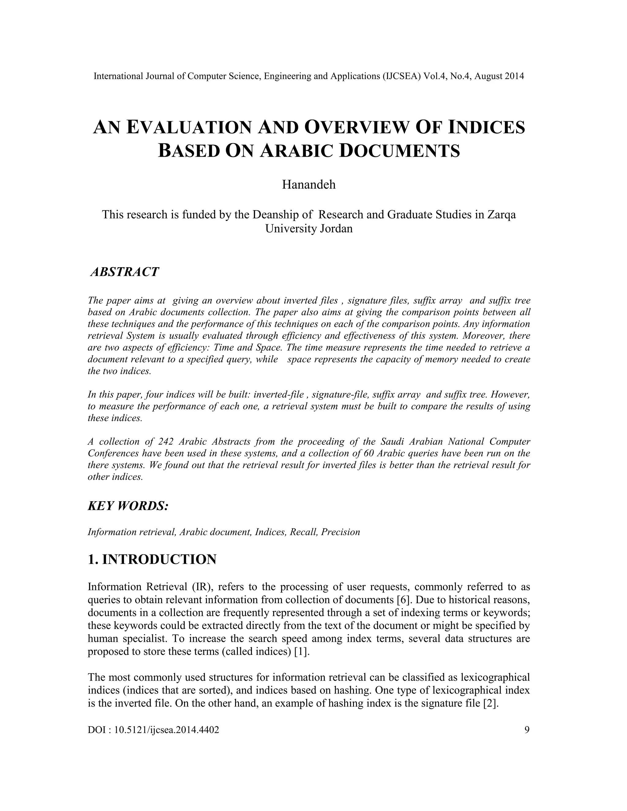 An Evaluation and Overview of Indices Based on Arabic Documents | PDF
