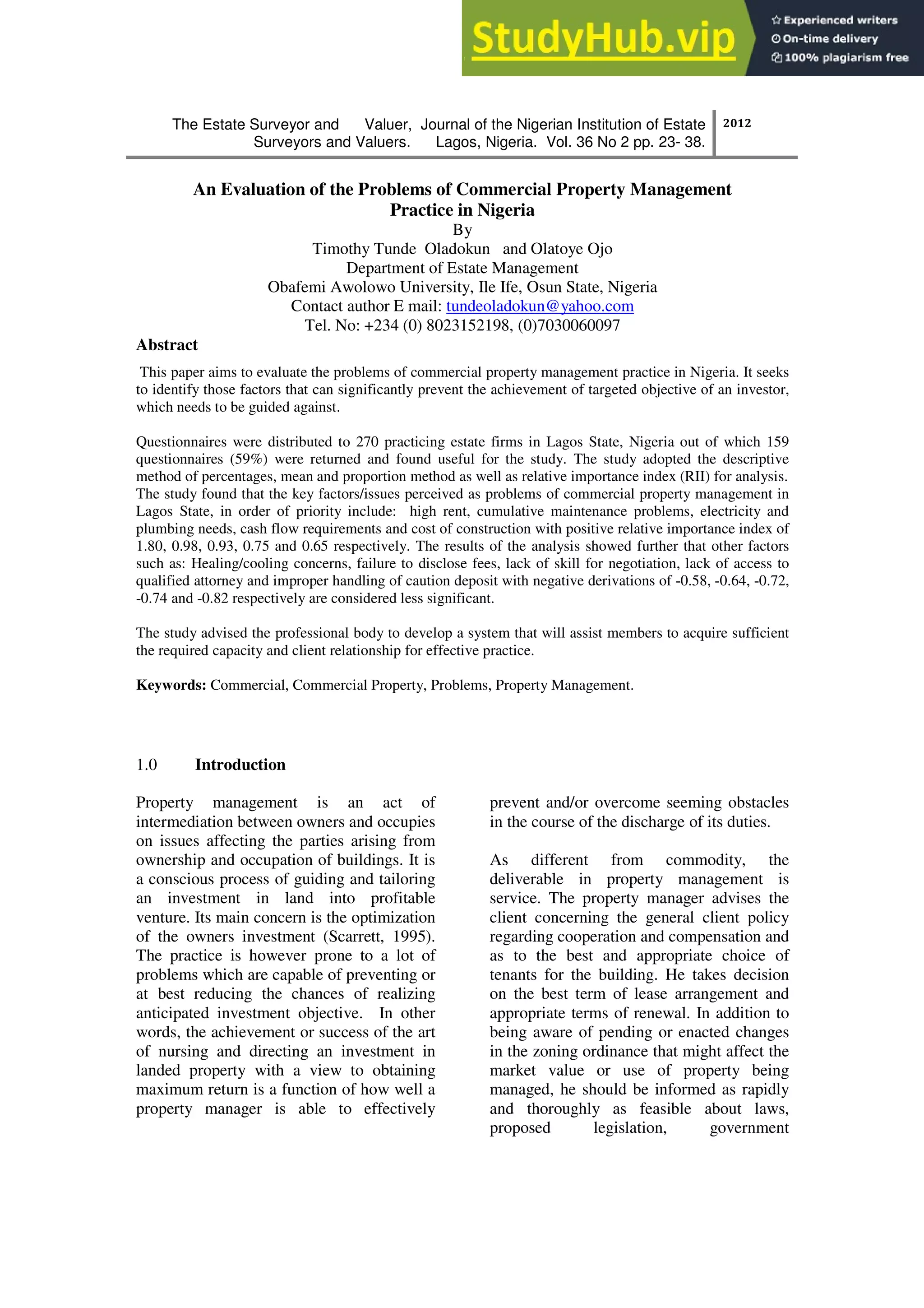 An Evaluation Of The Problems Of Commercial Property Management ...