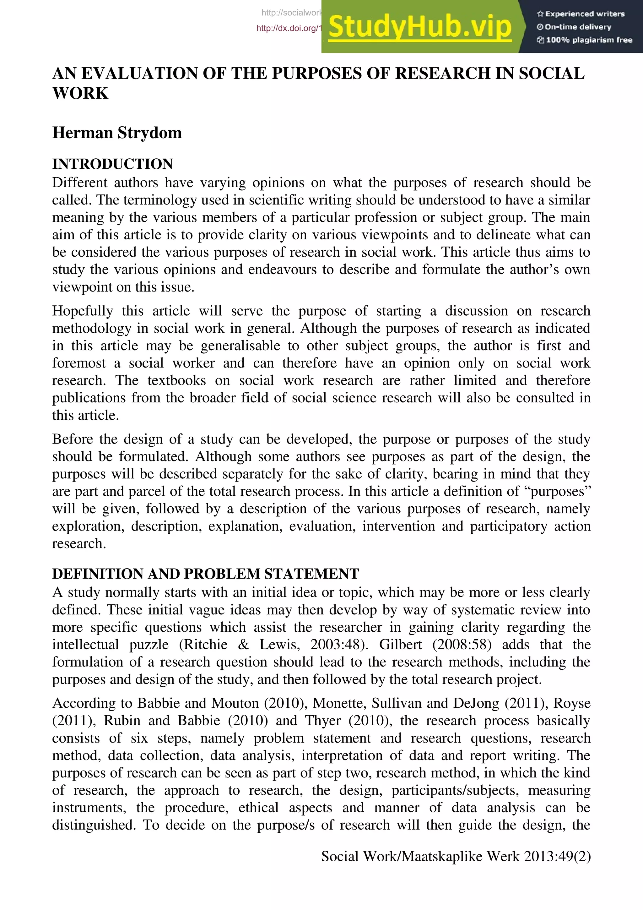 An Evaluation Of The Purposes Of Research In Social Work | PDF