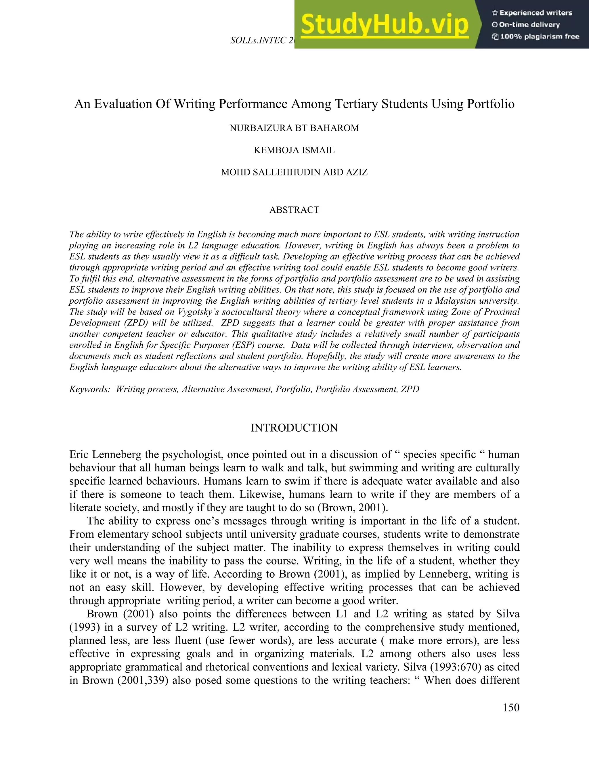 An Evaluation Of Writing Performance Among Tertiary Students Using ...