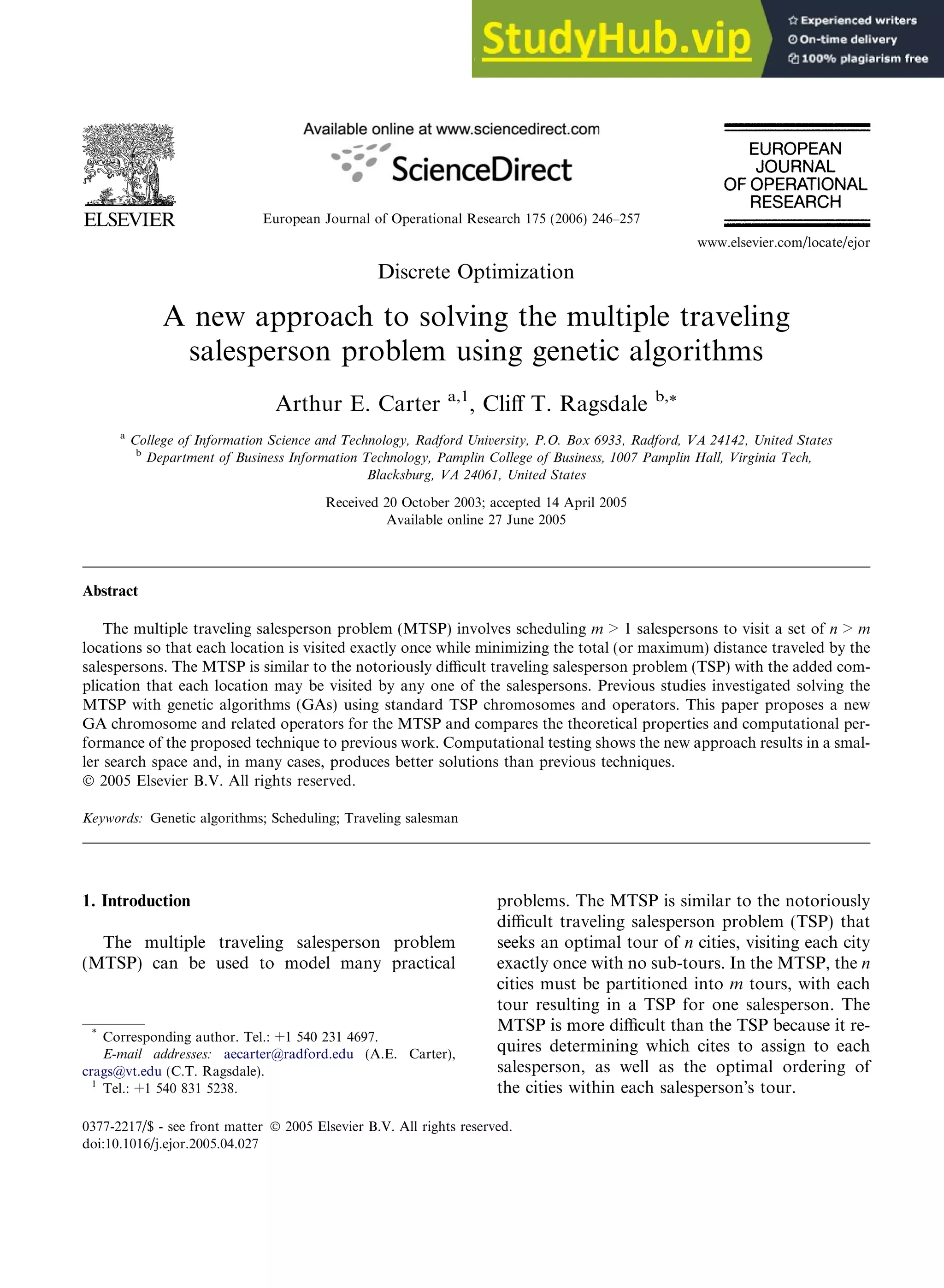 A New Approach To Solving The Multiple Traveling Salesperson Problem Using Genetic Algorithms | PDF