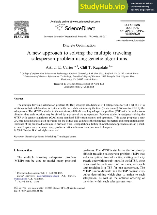 A New Approach To Solving The Multiple Traveling Salesperson Problem Using Genetic Algorithms | PDF