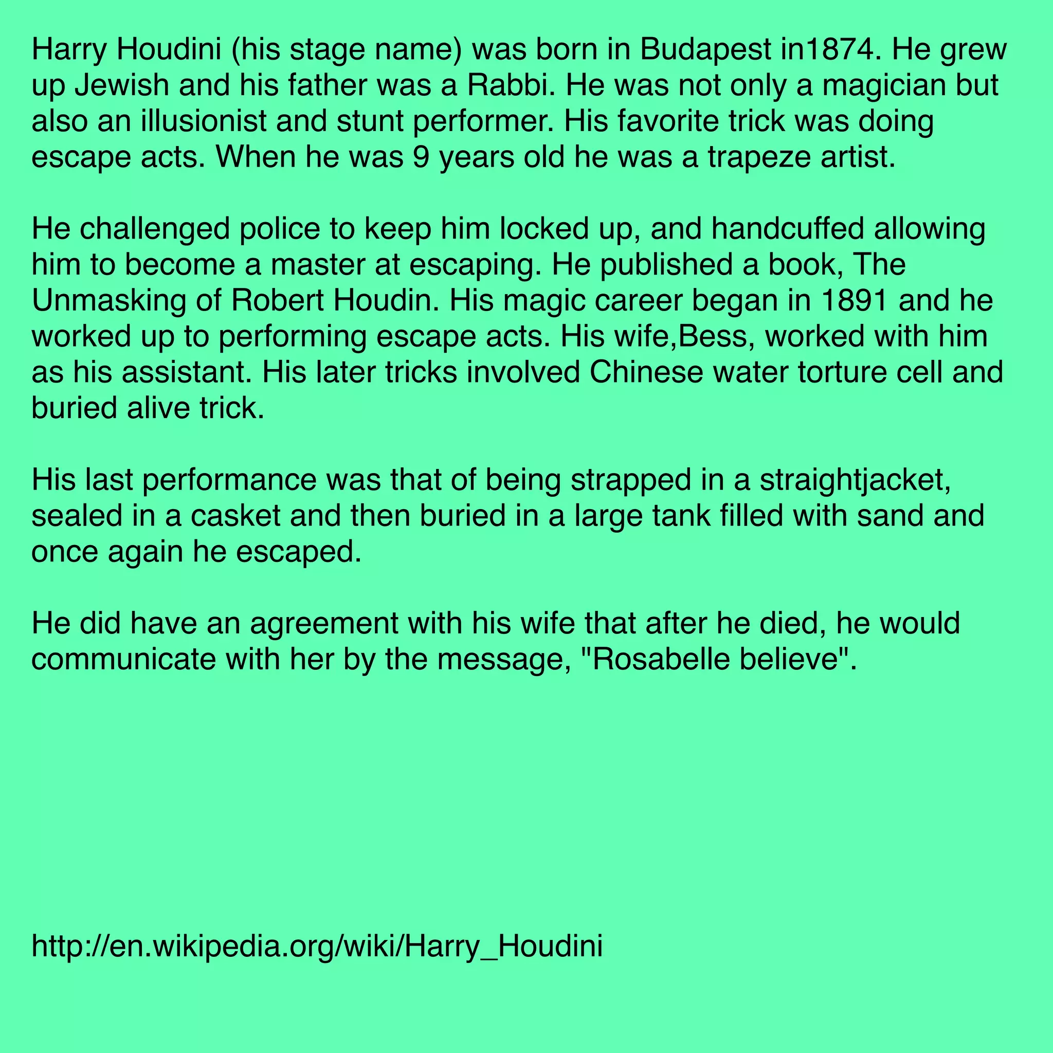 The Magical Life of Harry Houdini | PDF