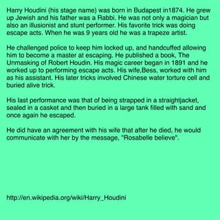 The Magical Life of Harry Houdini | PDF