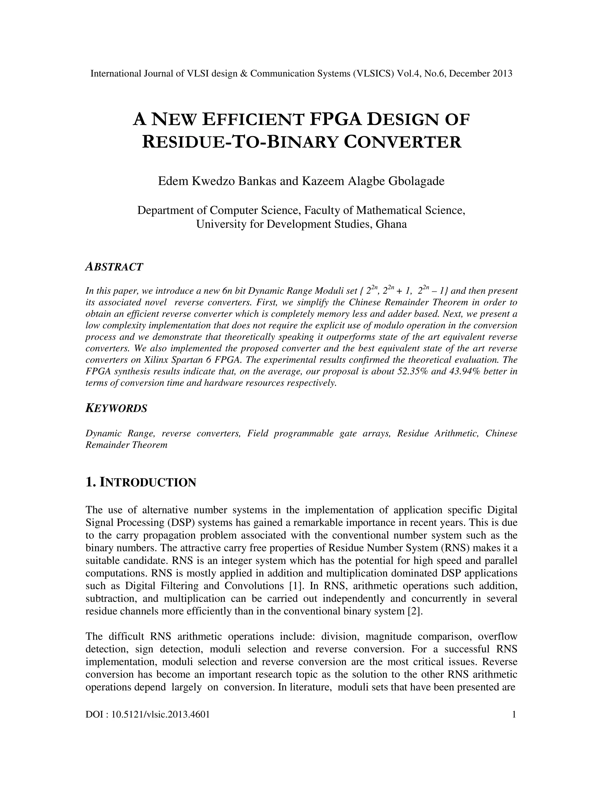 A new efficient fpga design of residue to-binary converter | PDF