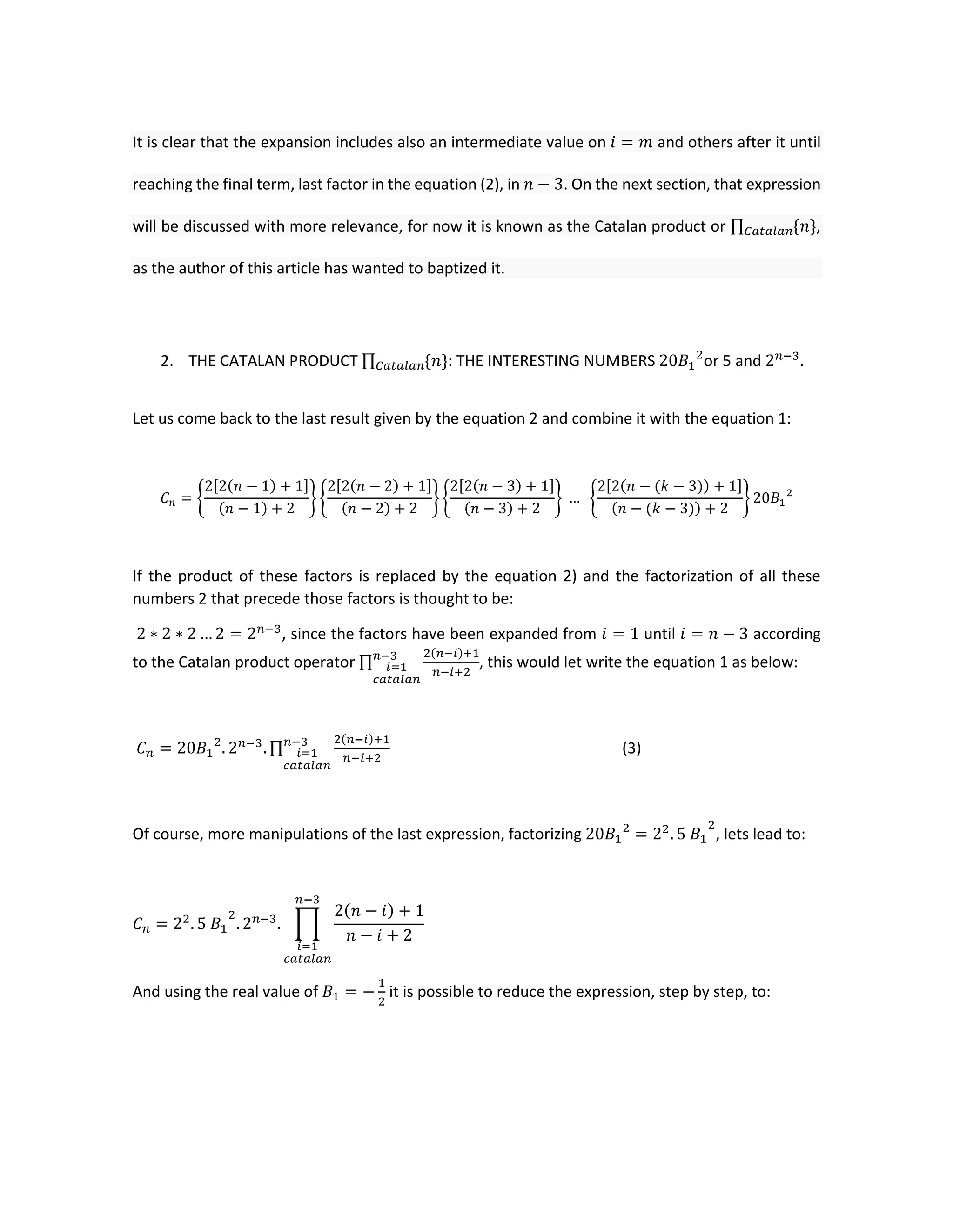 Product analysis formulas: The catalan numbers and its relation with ...