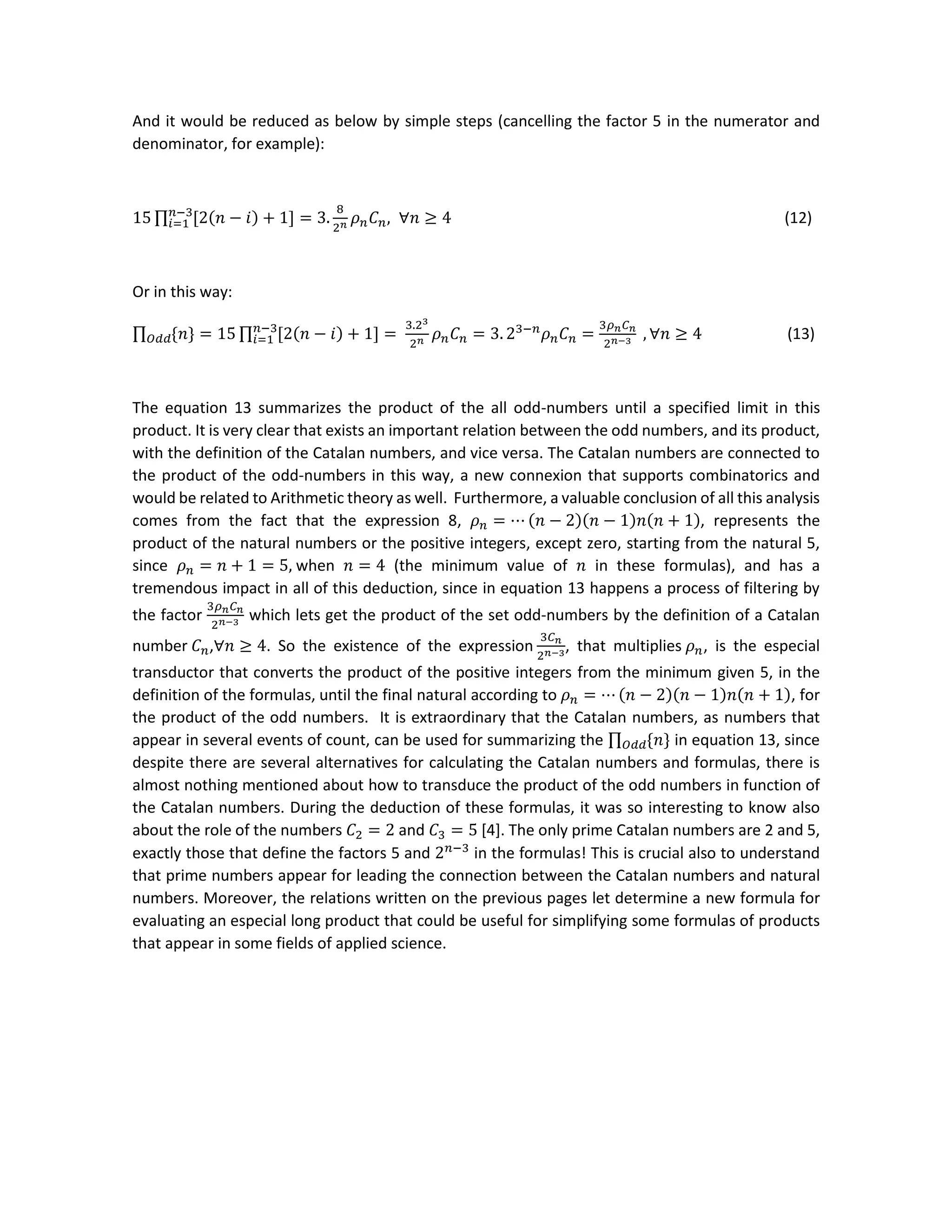 Product analysis formulas: The catalan numbers and its relation with ...
