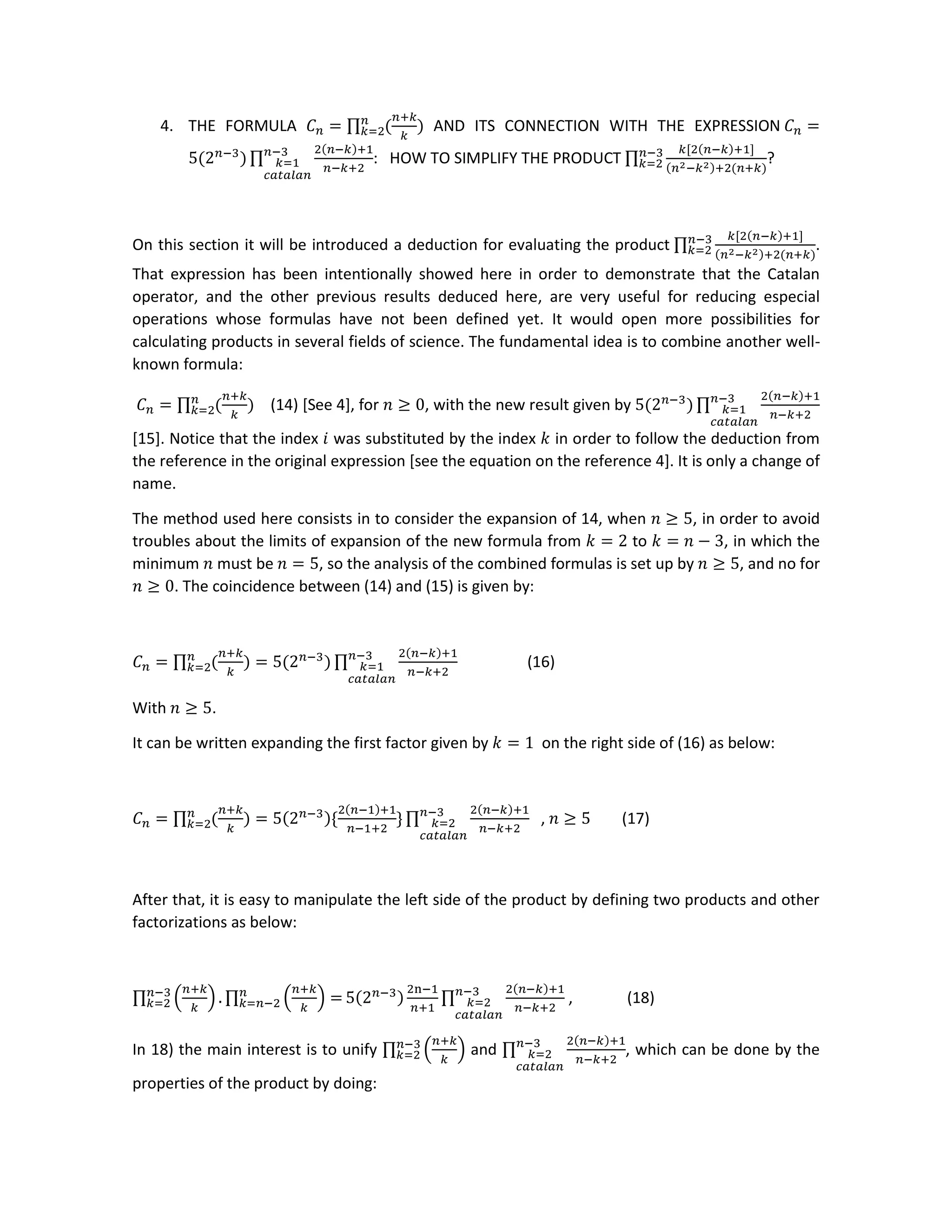 Product analysis formulas: The catalan numbers and its relation with ...