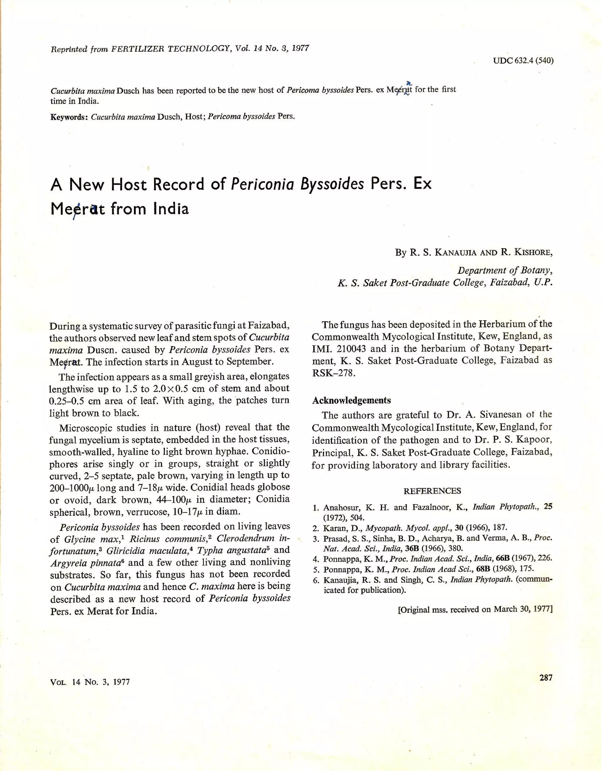 A new host record of Periconia byssoides pers. ex merat from India | PDF