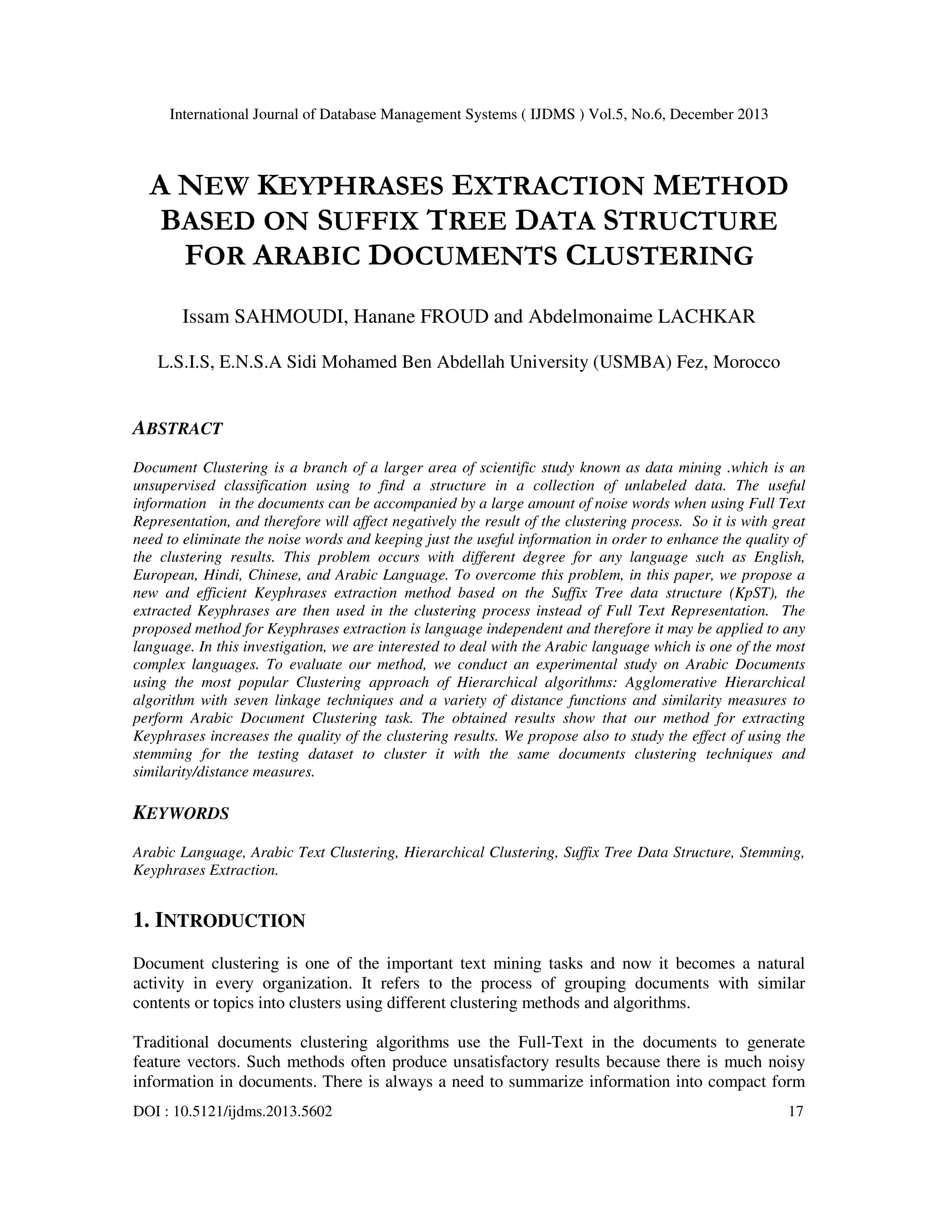 A New Keyphrases Extraction Method Based On Suffix Tree Data Structure For Arabic Documents