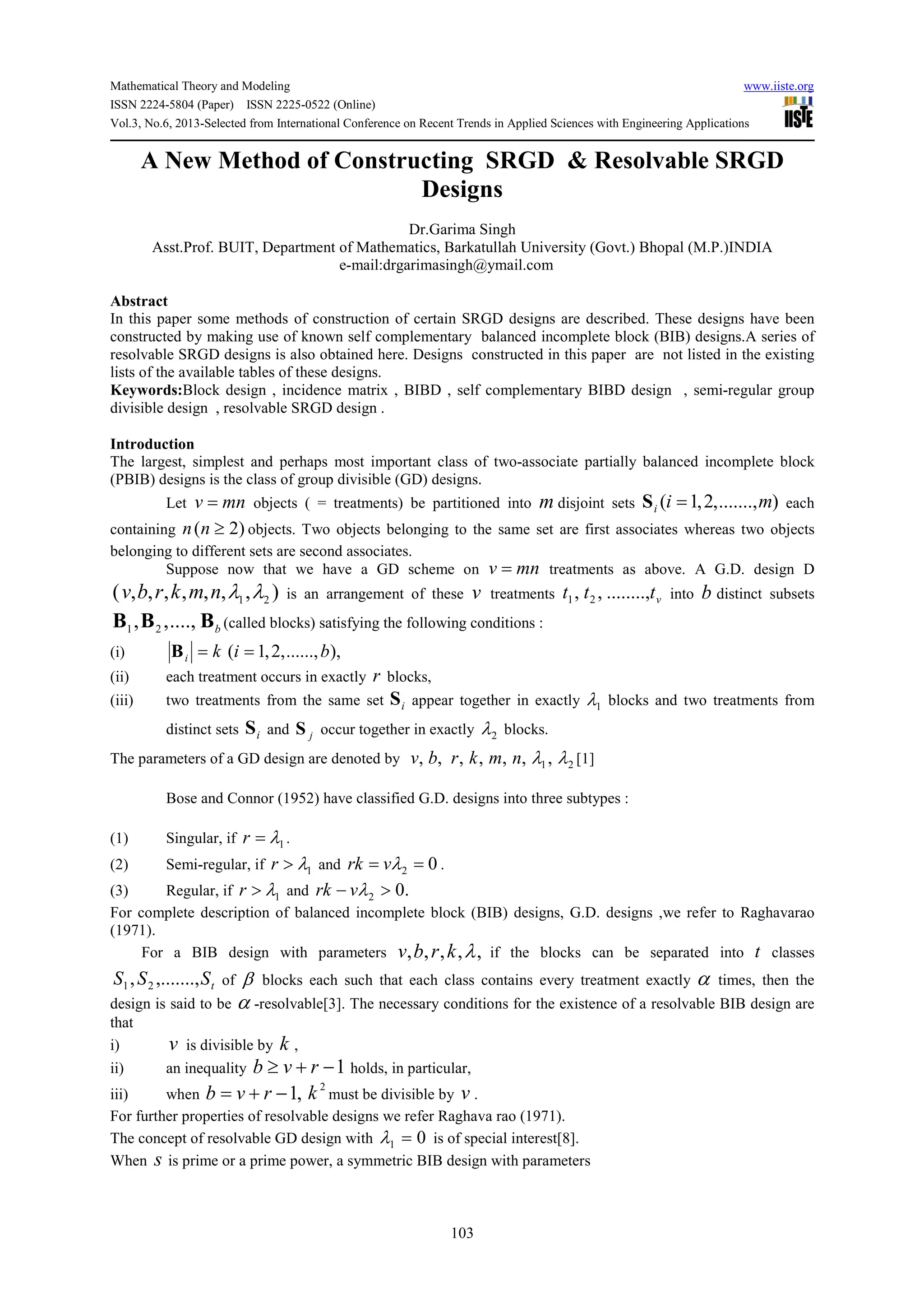 A new method of constructing srgd & resolvable srgd designs | PDF