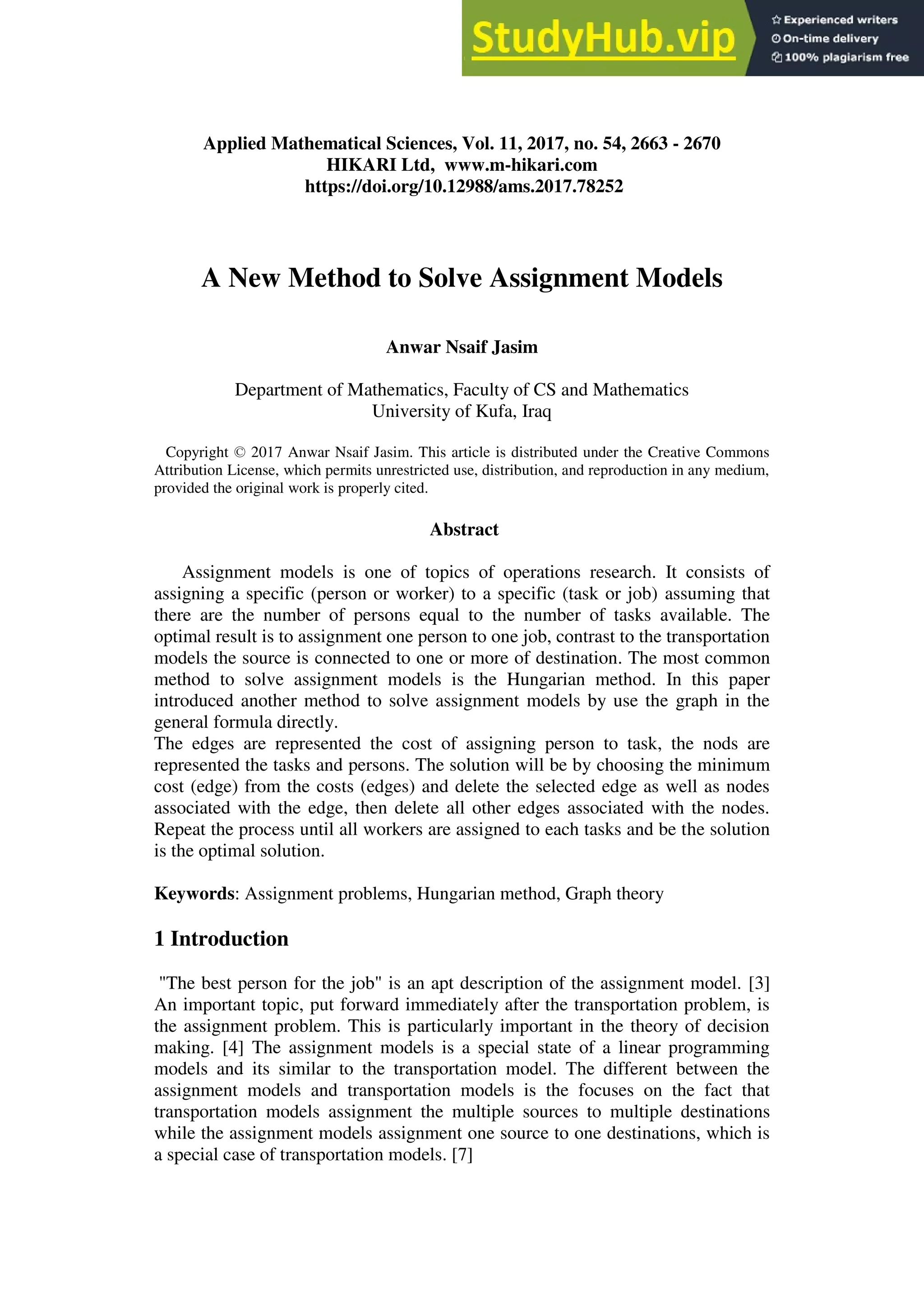 A New Method To Solve Assignment Models | PDF