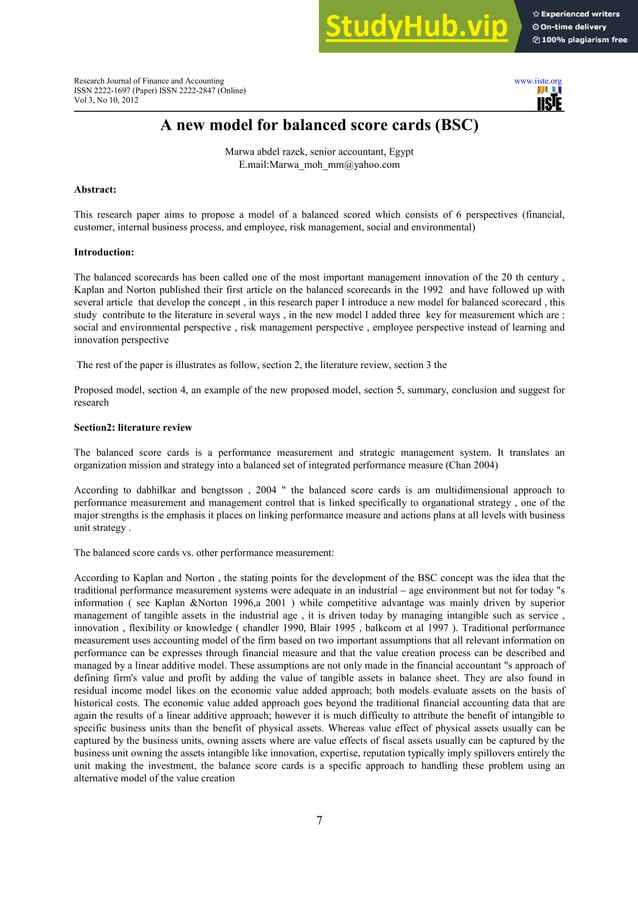 A New Model For Balanced Score Cards (BSC) | PDF