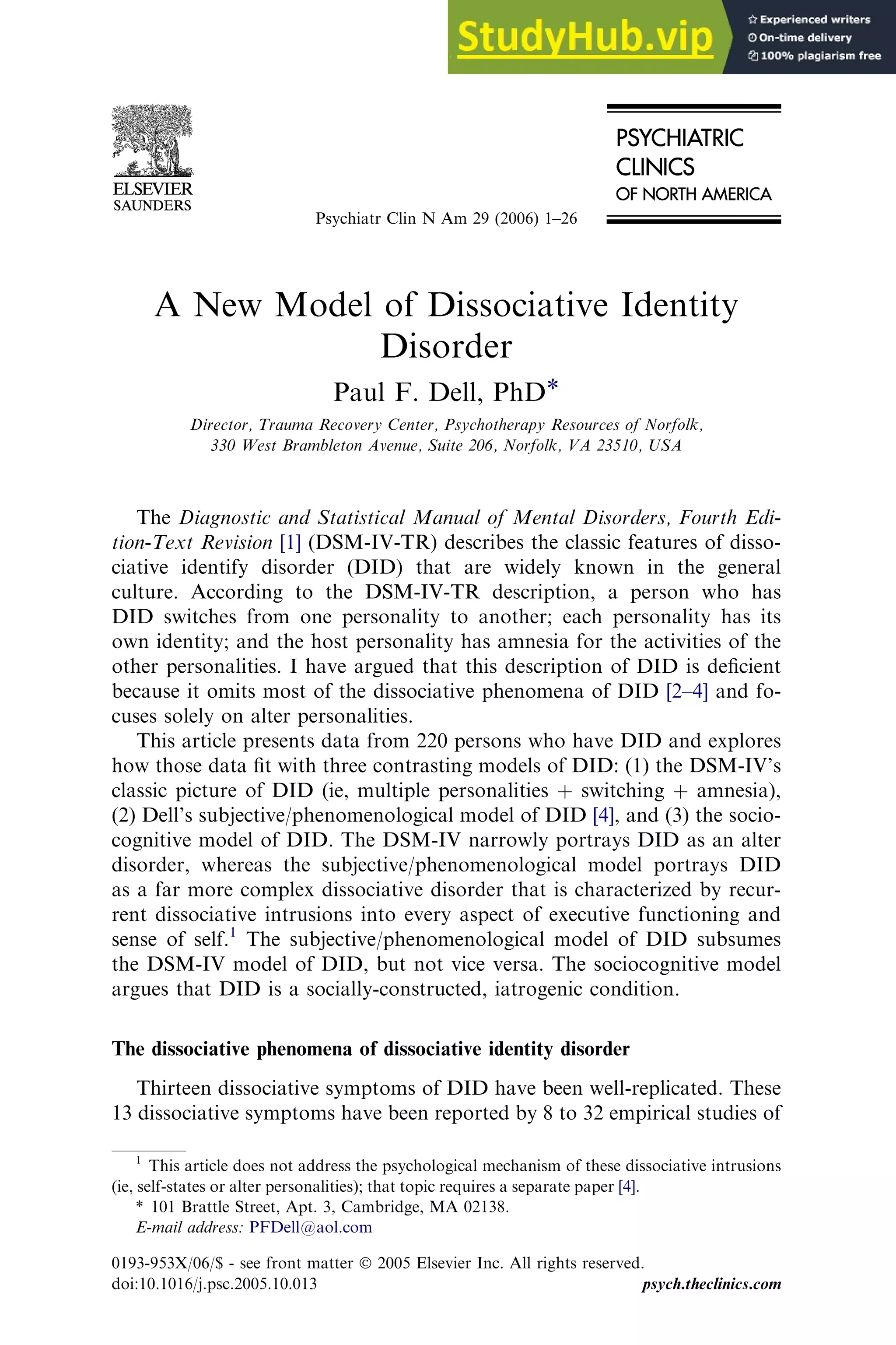 A New Model Of Dissociative Identity Disorder | PDF