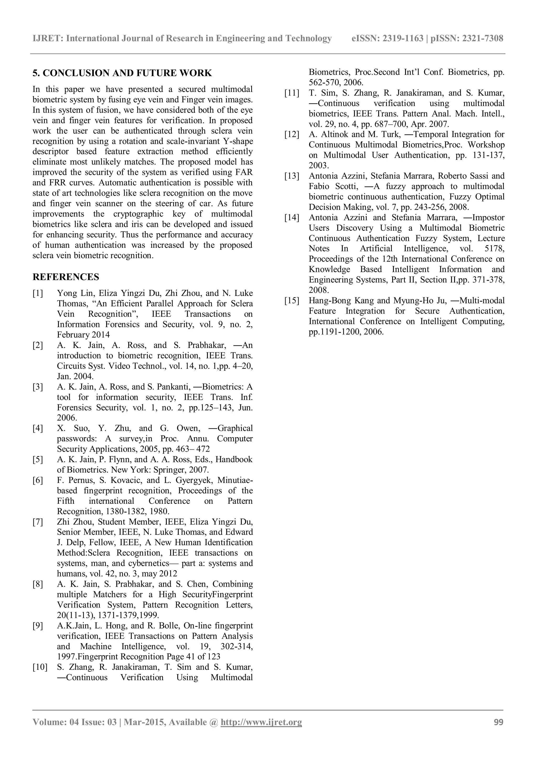 A new multimodel approach for human authentication sclera vein and finger vein recognition | PDF