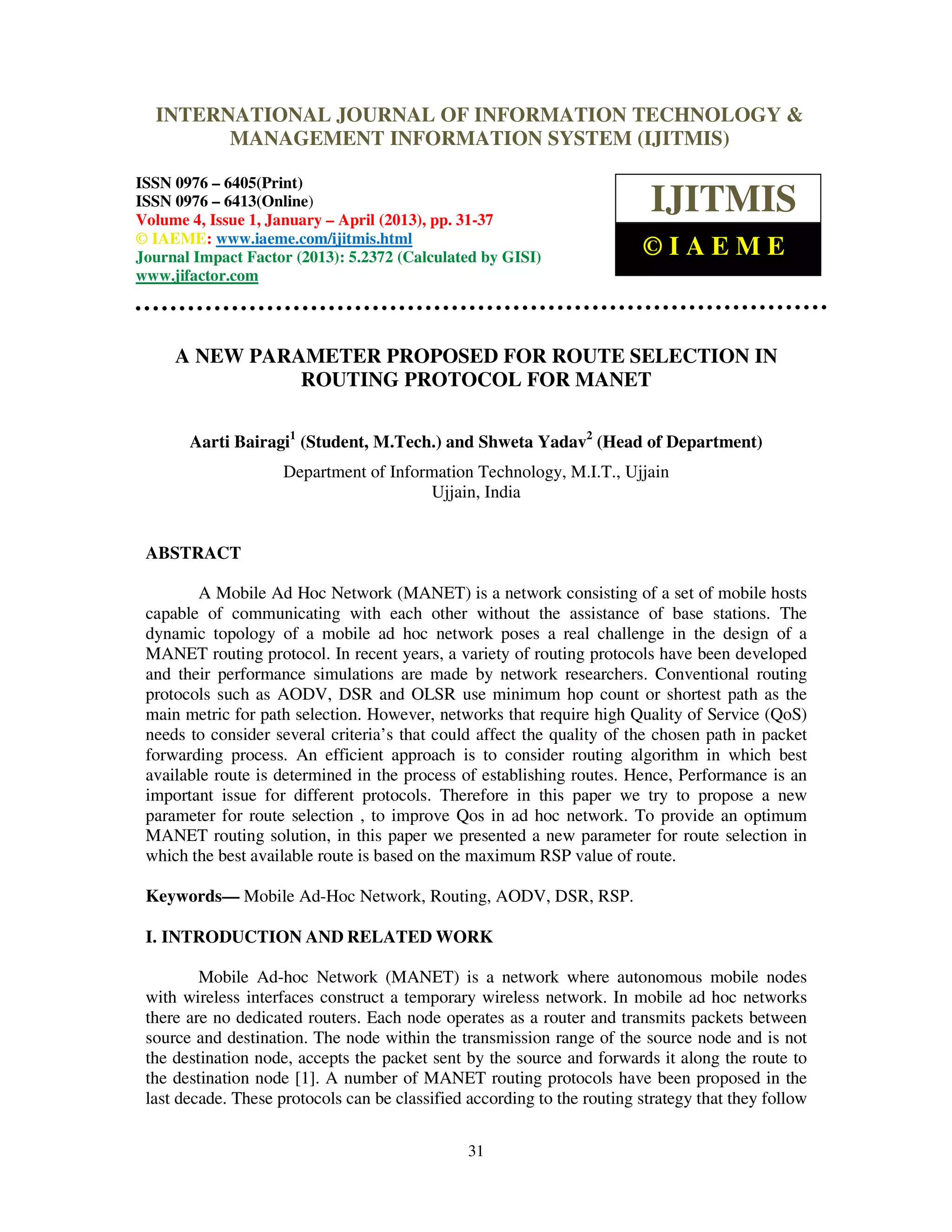 A New Parameter Proposed For Route Selection In Routing Protocol Pdf