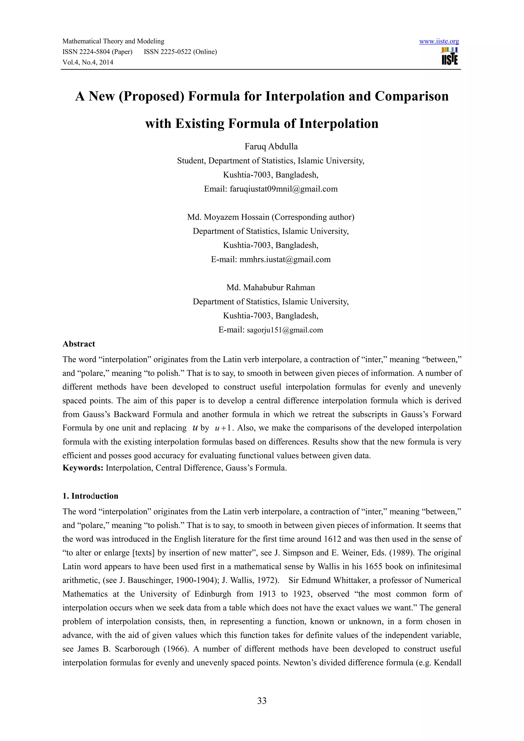 A new (proposed) formula for interpolation and comparison | PDF