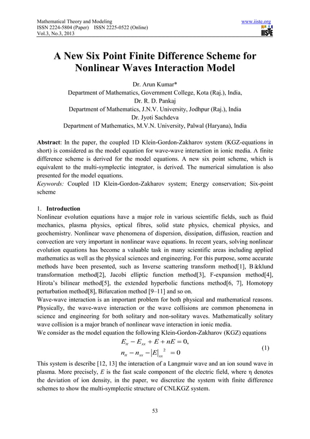 A new six point finite difference scheme for nonlinear waves interaction model | PDF | Physics ...