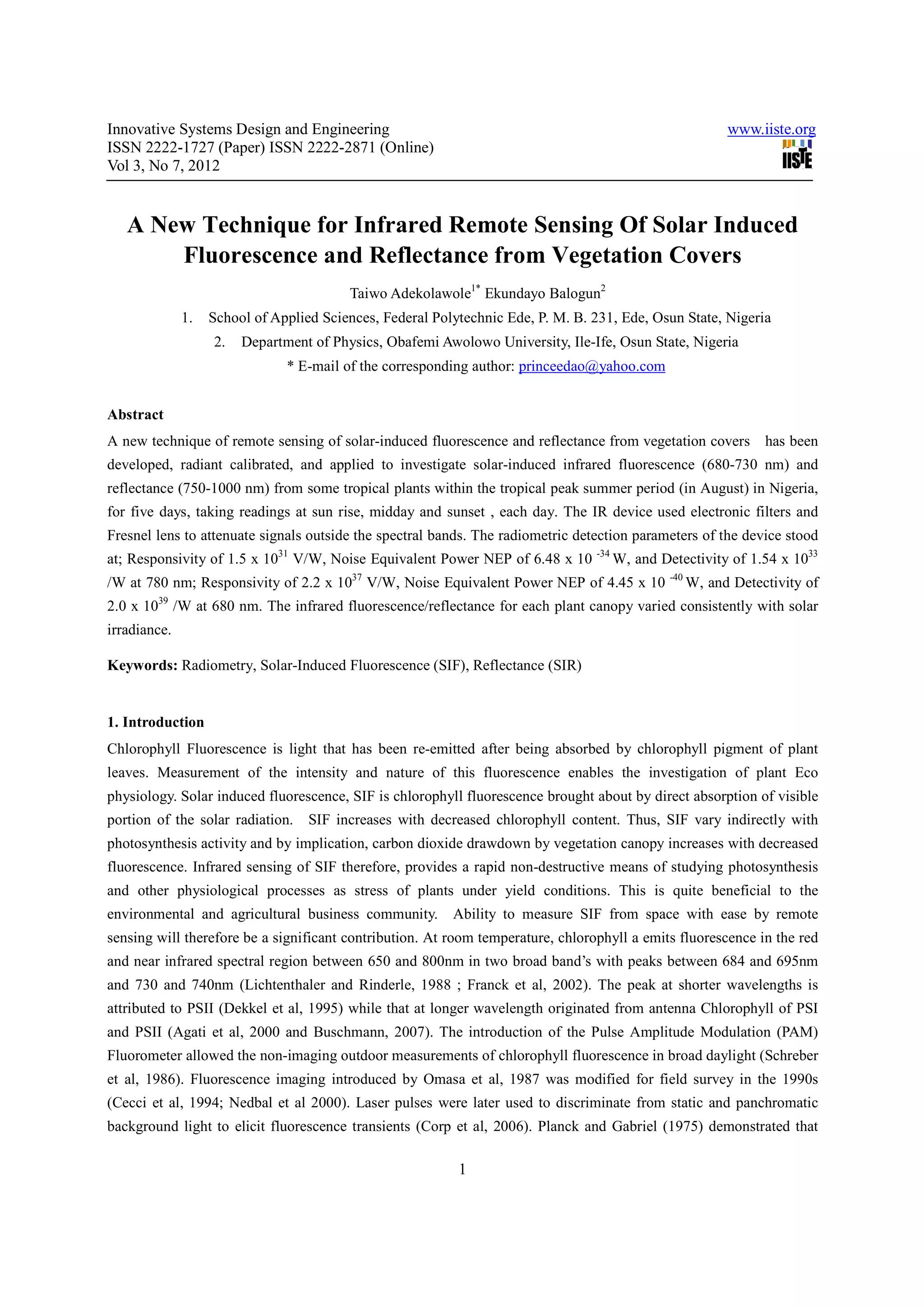 A new technique for infrared remote sensing of solar induced ...