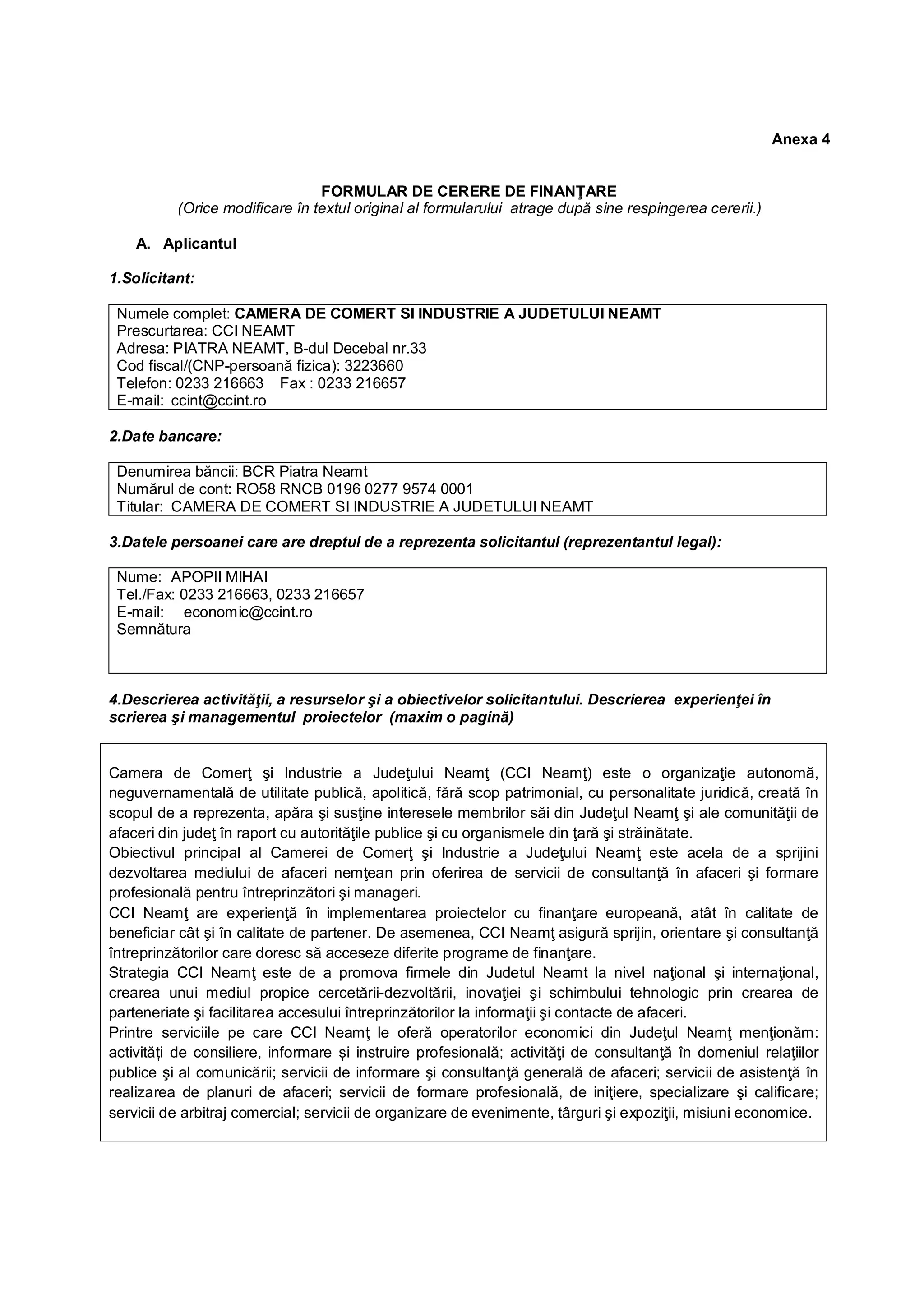 Anexa 4 final - FORMULAR DE CERERE DE FINANŢARE CCINT | PDF