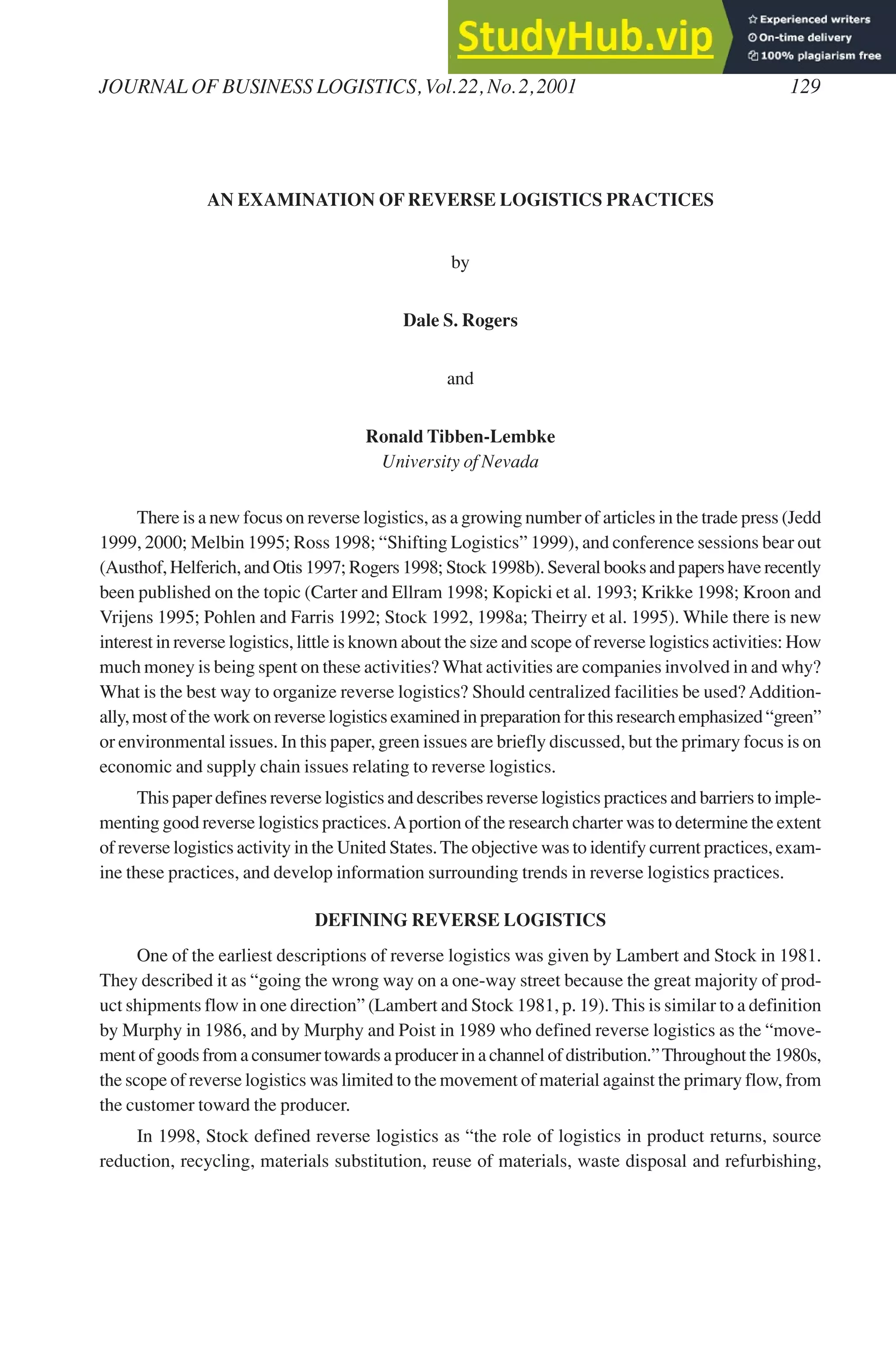 AN EXAMINATION OF REVERSE LOGISTICS PRACTICES | PDF