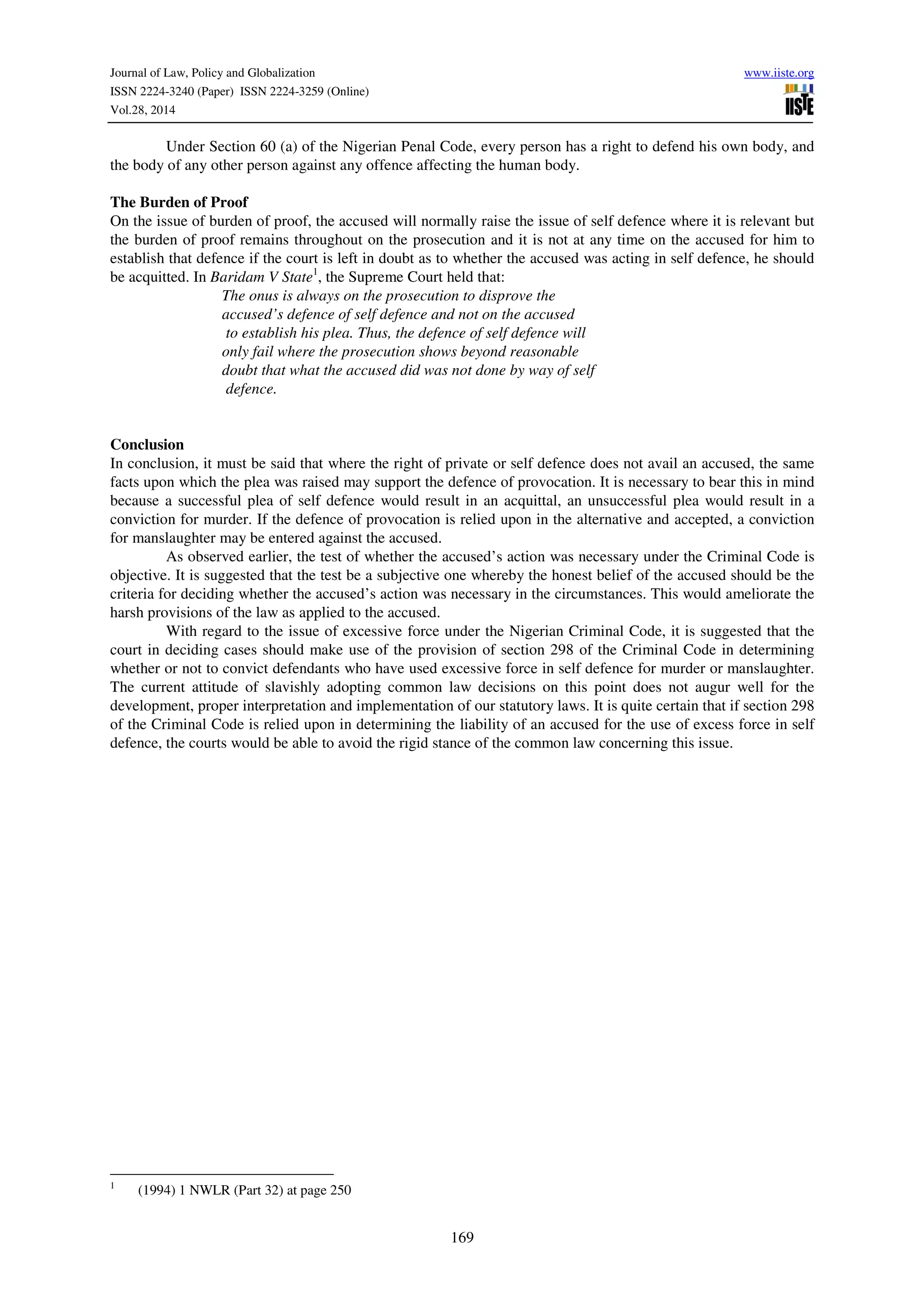 An examination of the right of self defence and others in nigeria | PDF