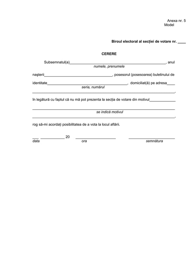 Anexa nr. 5 Model cerere-votarea la locul aflarii | DOCX