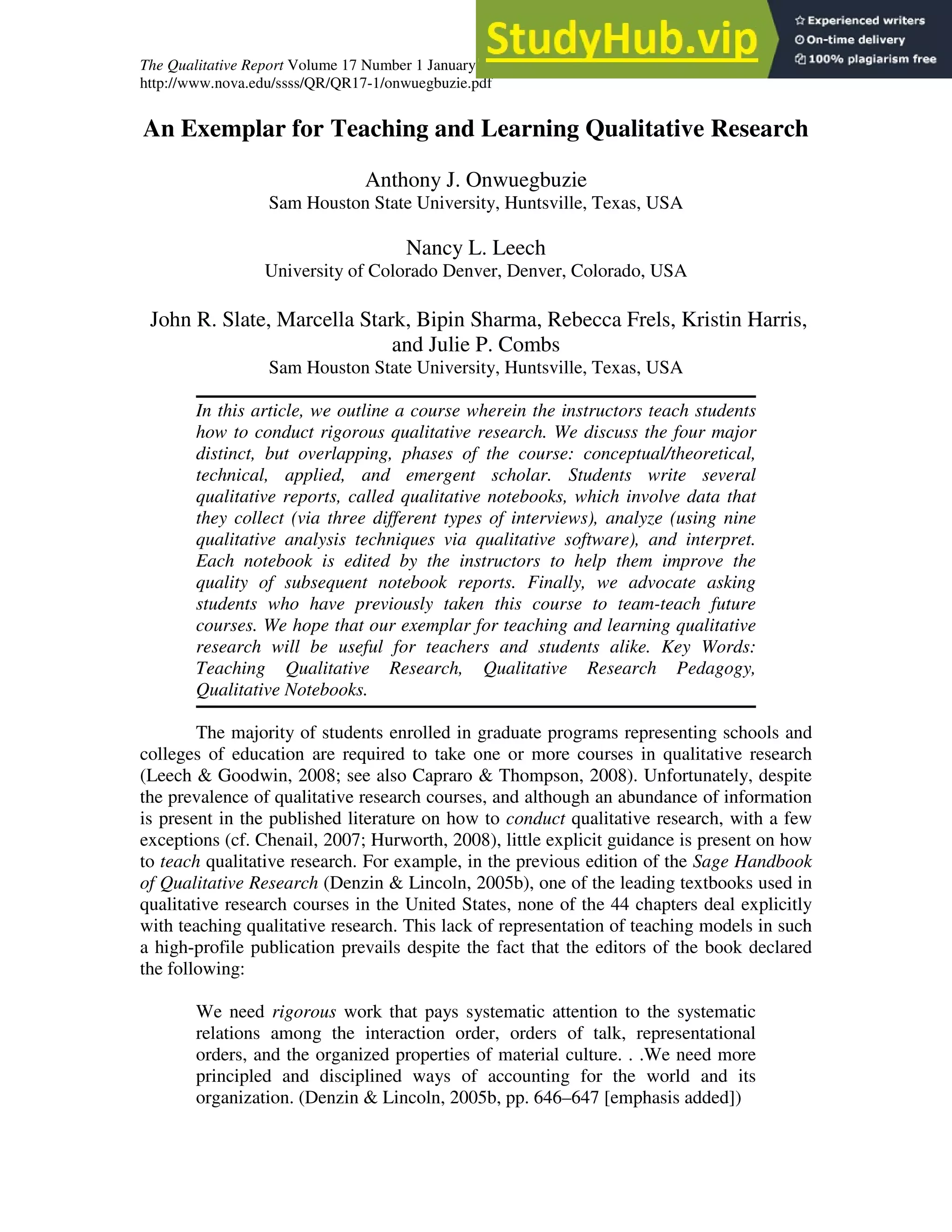 An Exemplar For Teaching And Learning Qualitative Research | PDF