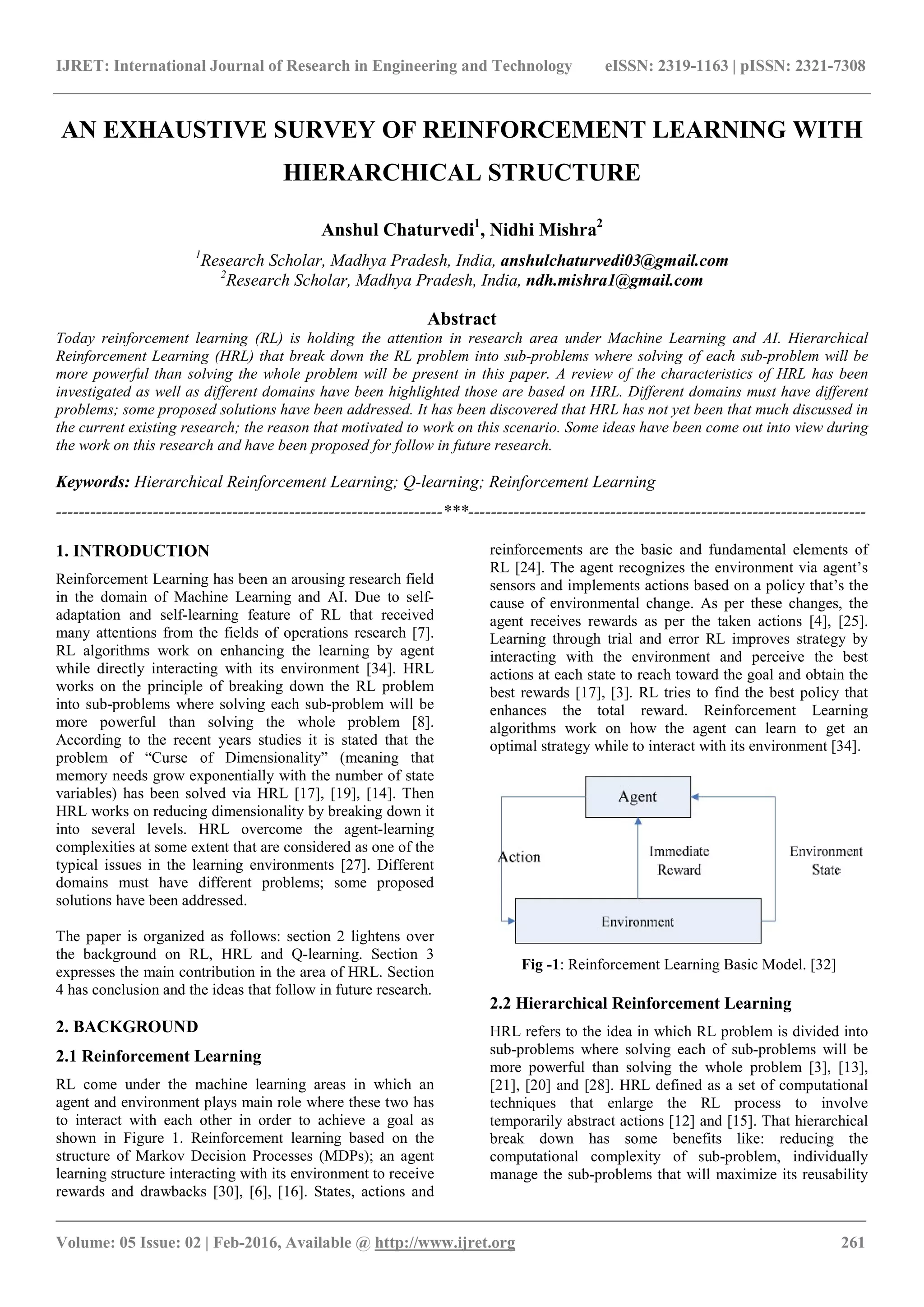 An exhaustive survey of reinforcement learning with hierarchical structure | PDF