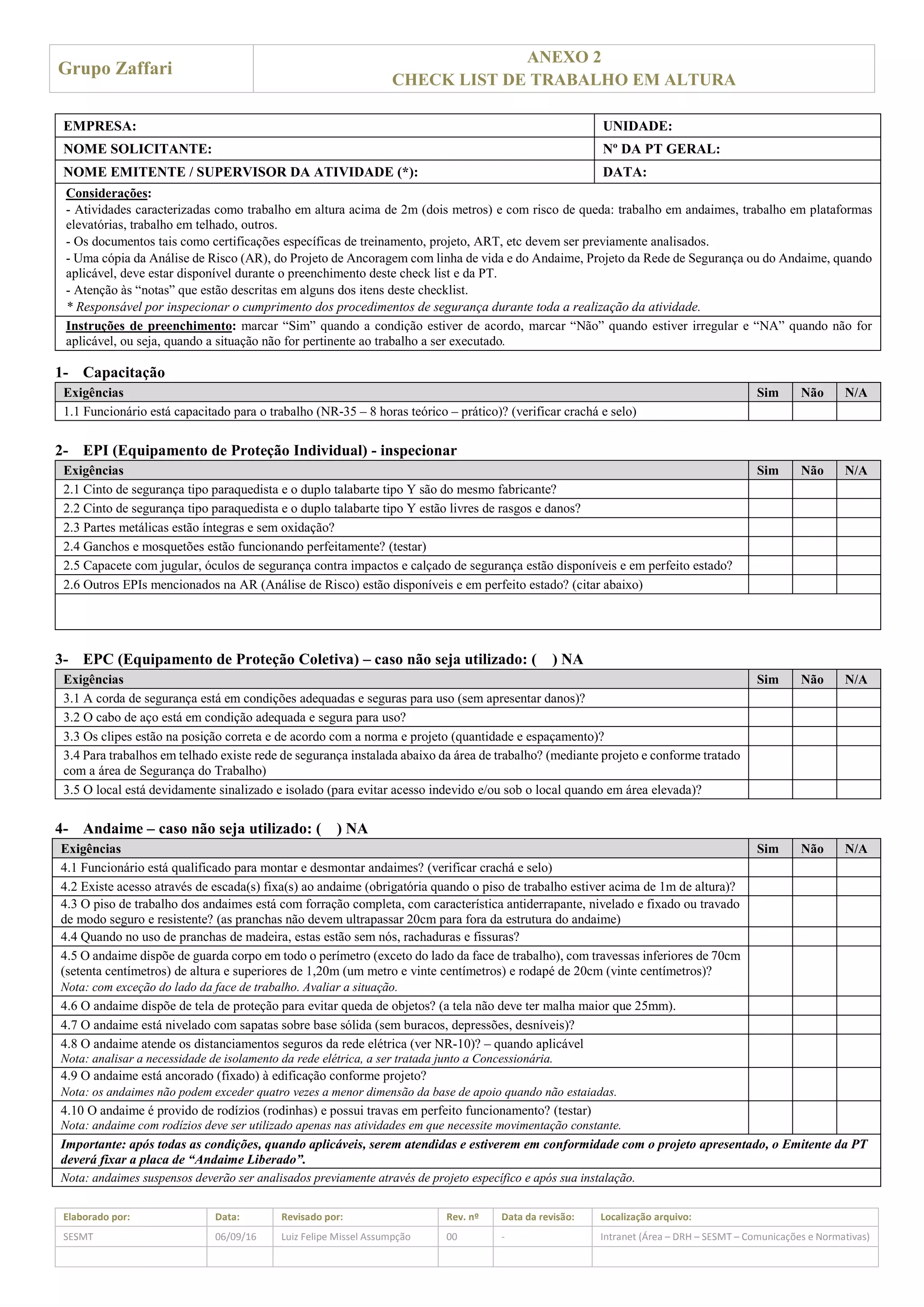 Anexo 2 check list trabalho em altura | PDF