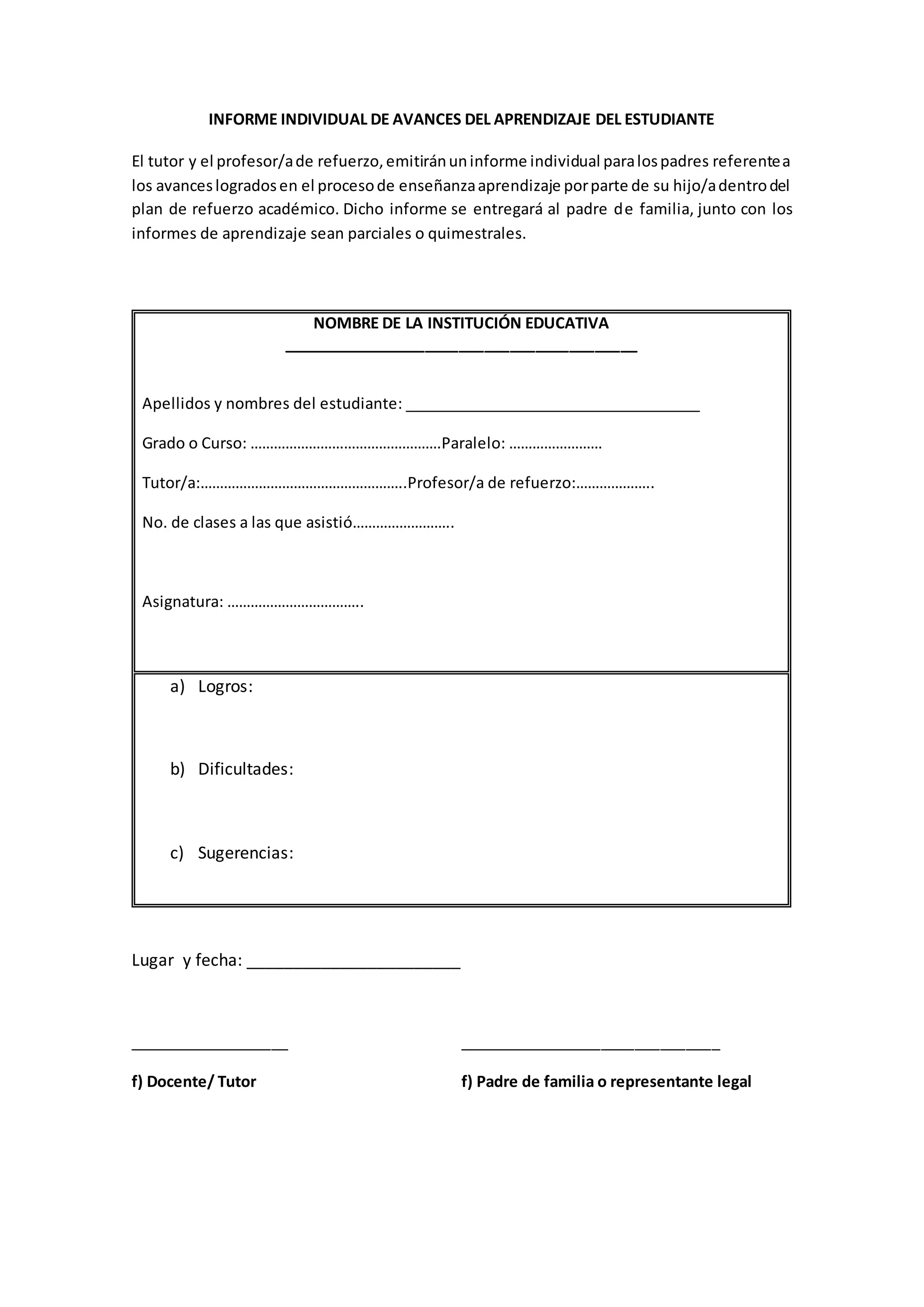 Anexo 6 informe individual de avances del aprendizaje del estudiante ...