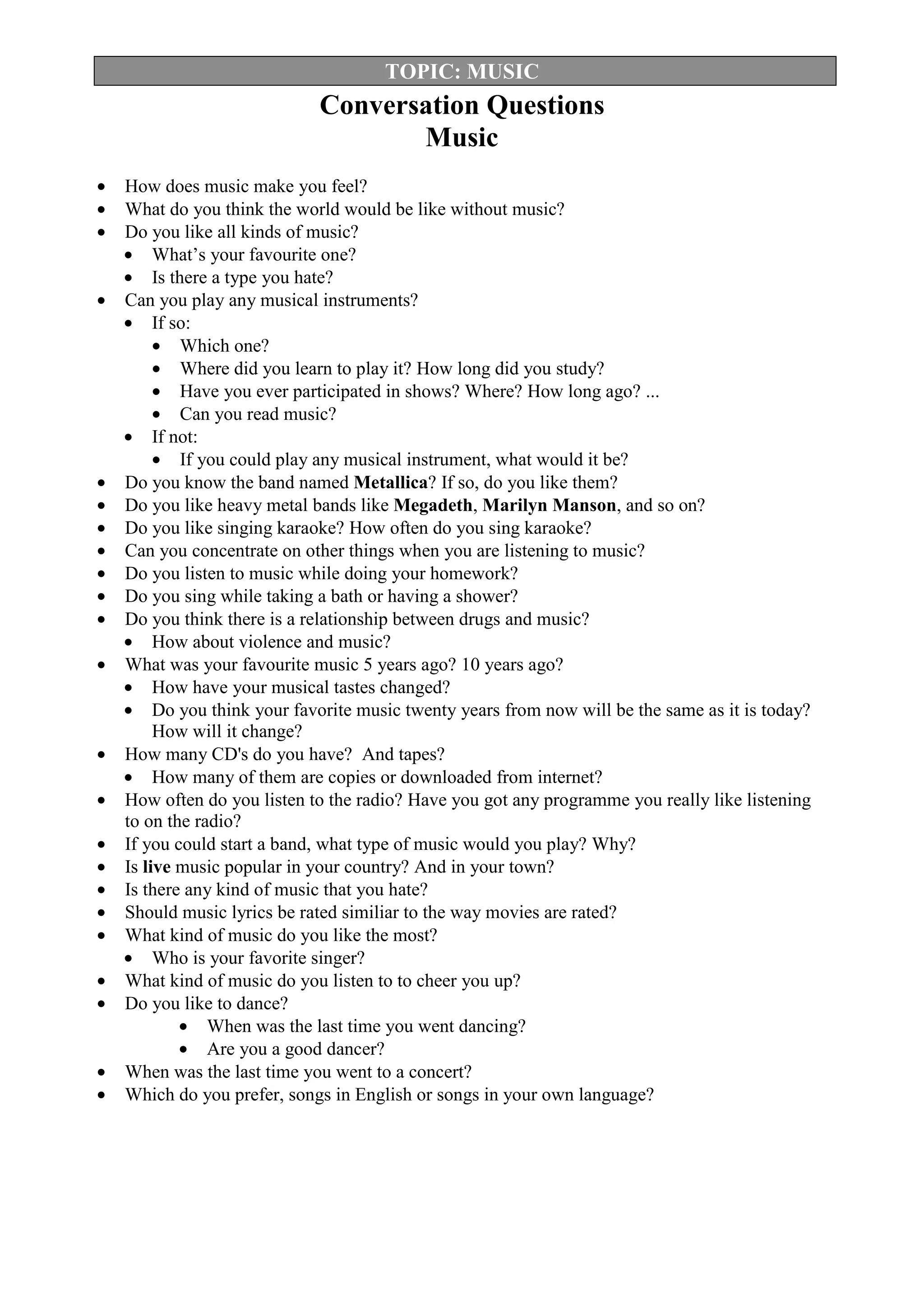 Anexo i conversation questions music | PDF