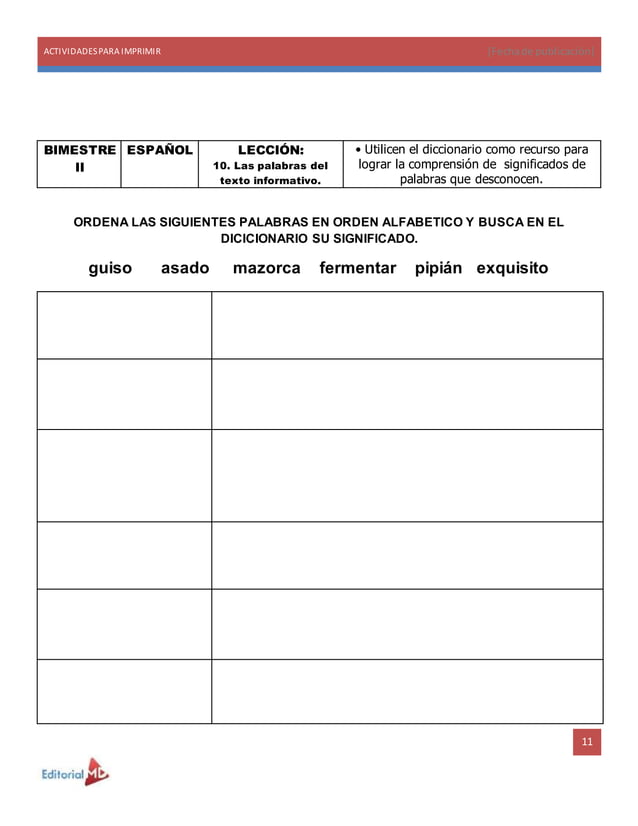 Actividades para imprimir: Ejemplo segundo grado de Primaria